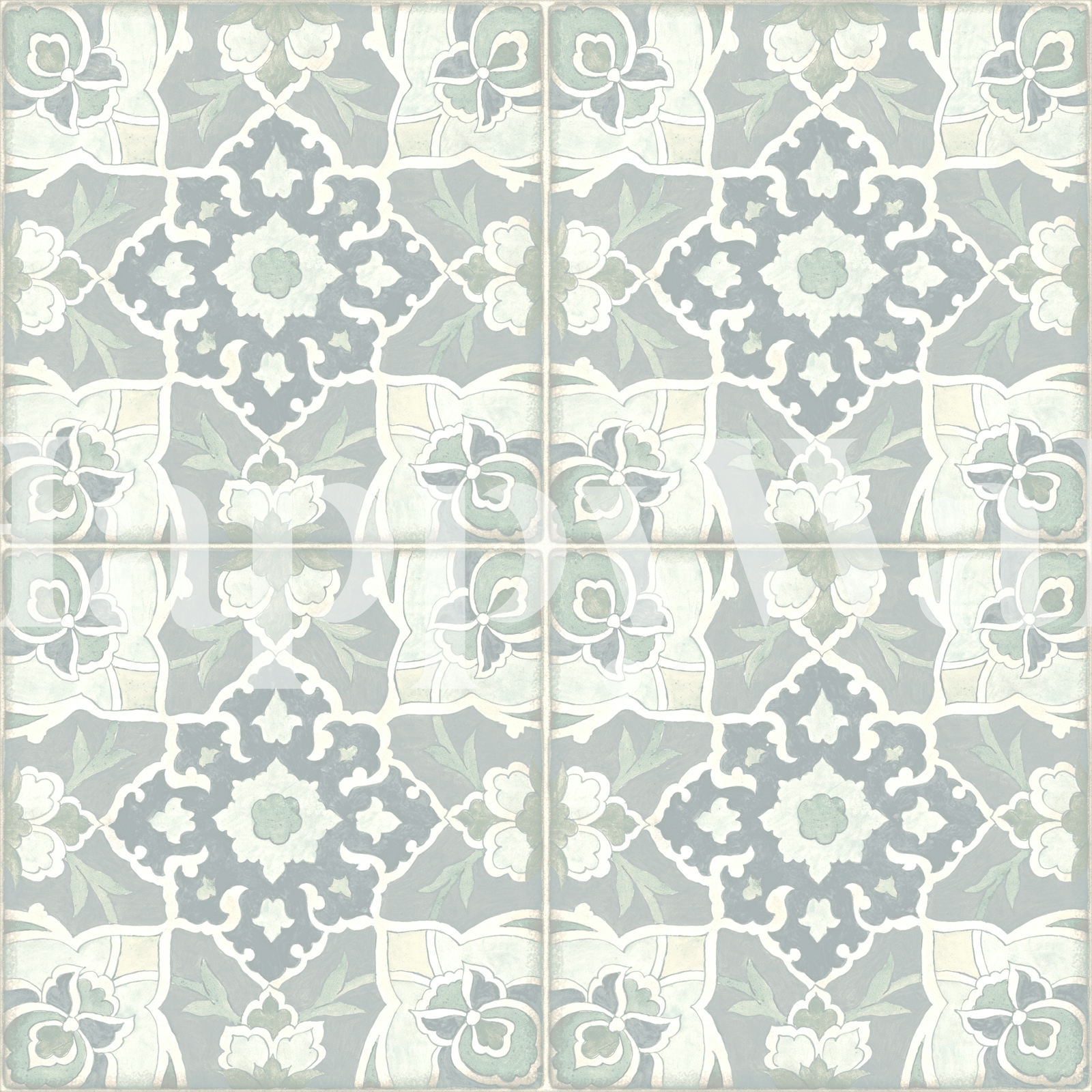 Mediterranean Grey Tile Floral Wallpaper