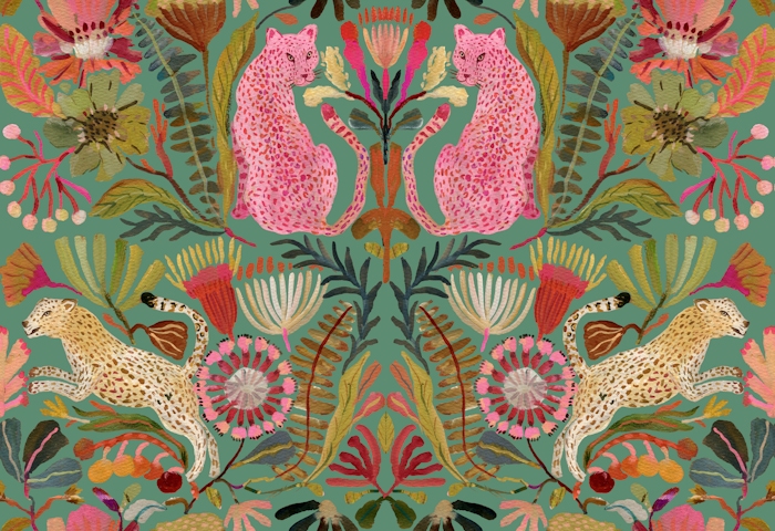 Vintage Cheetah Floral Wallpaper in Green