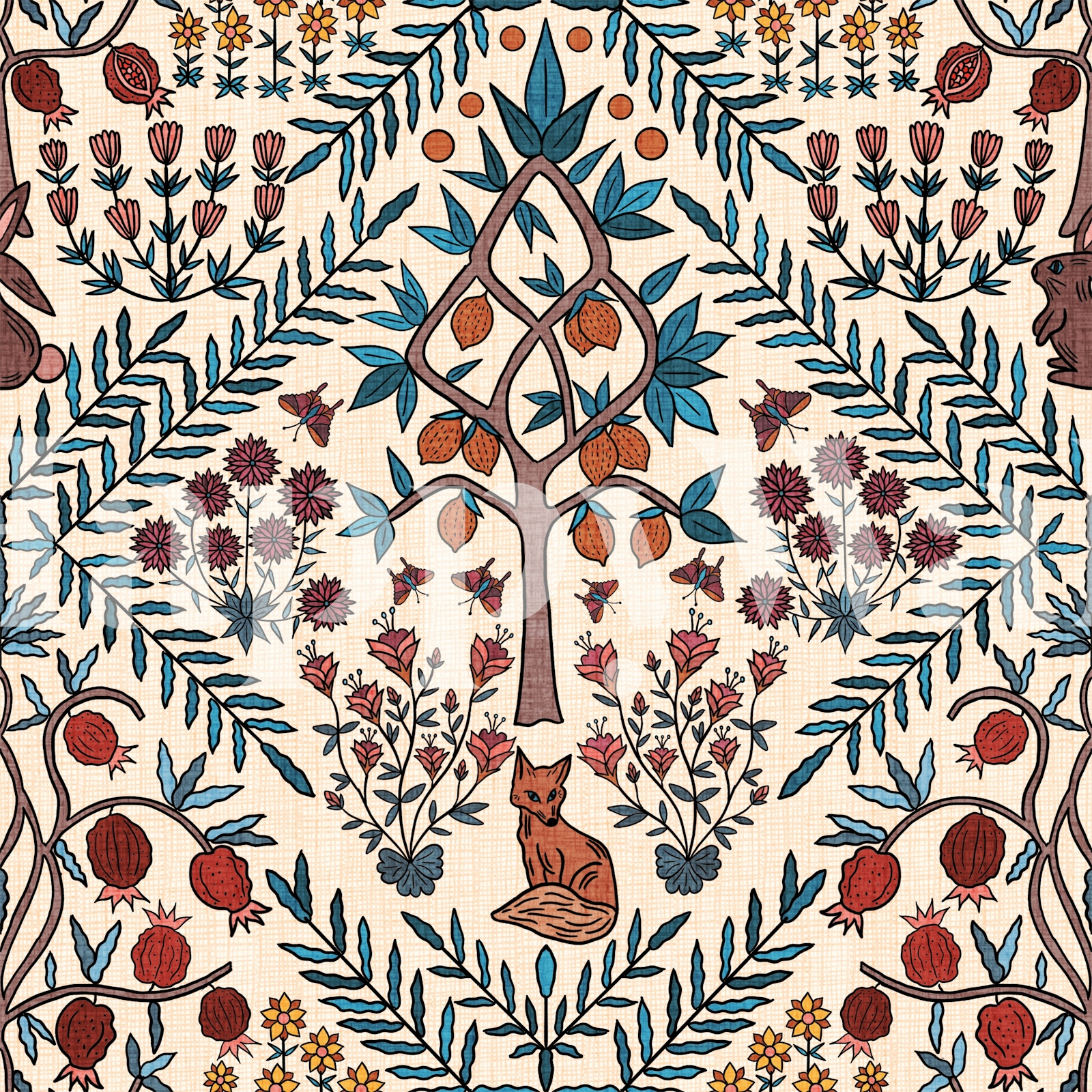 Fox Floral Wallpaper - Teal and Crimson