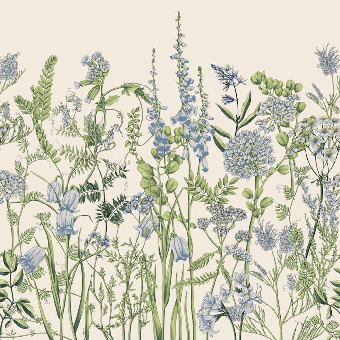 Botanical Floral Wallpaper in Soft Blue and Green