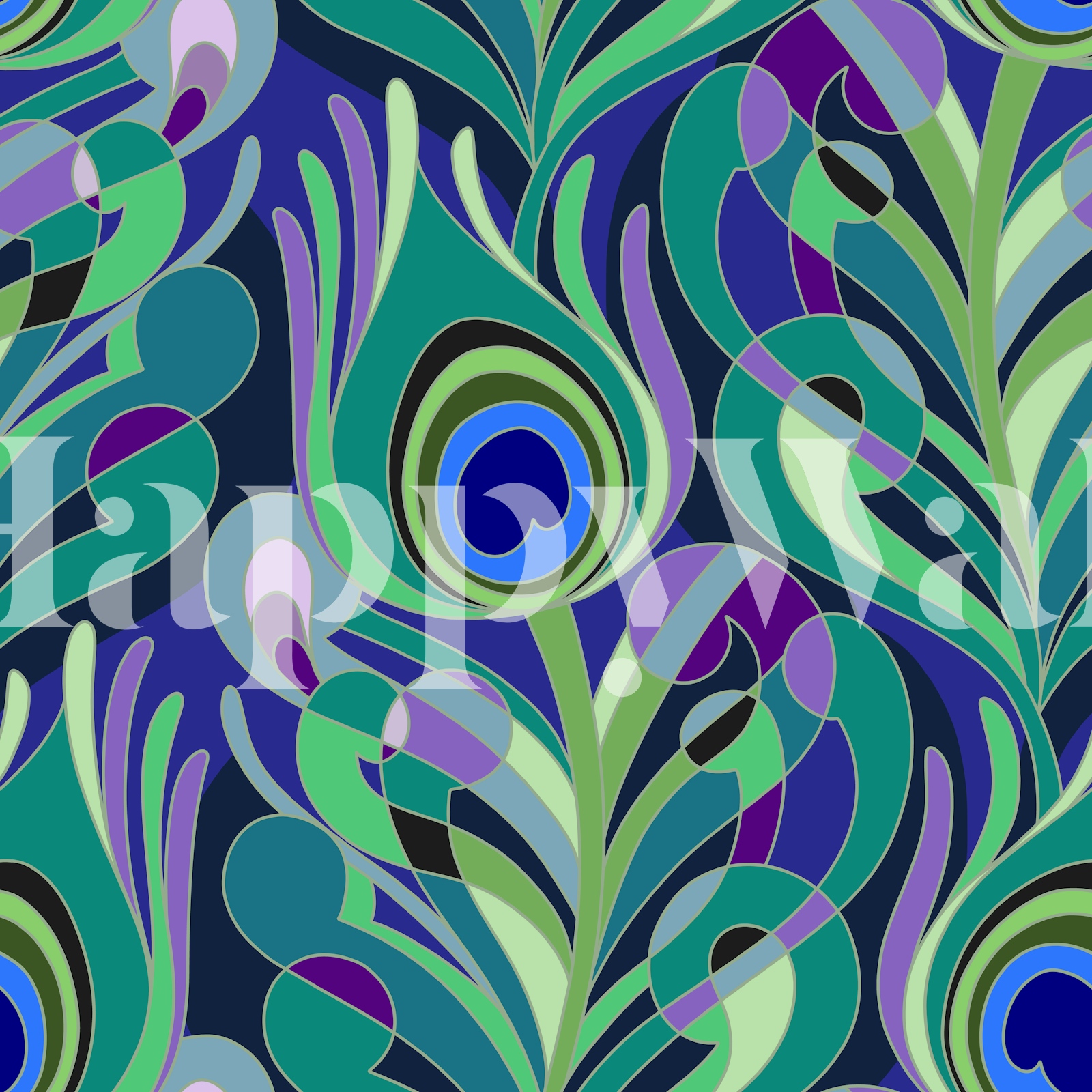 70s jewel-toned peacock feather - large scale behang | Happywall