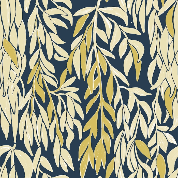 Navy Blue and Mustard Floral Wallpaper