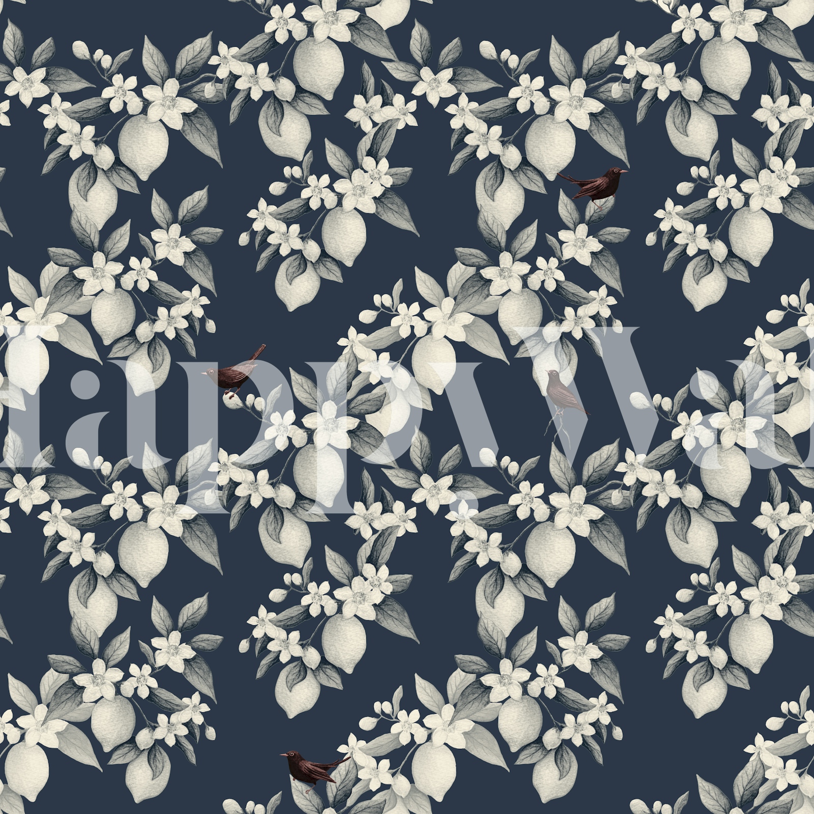 Indigo Floral Lemon Bird Wallpaper
