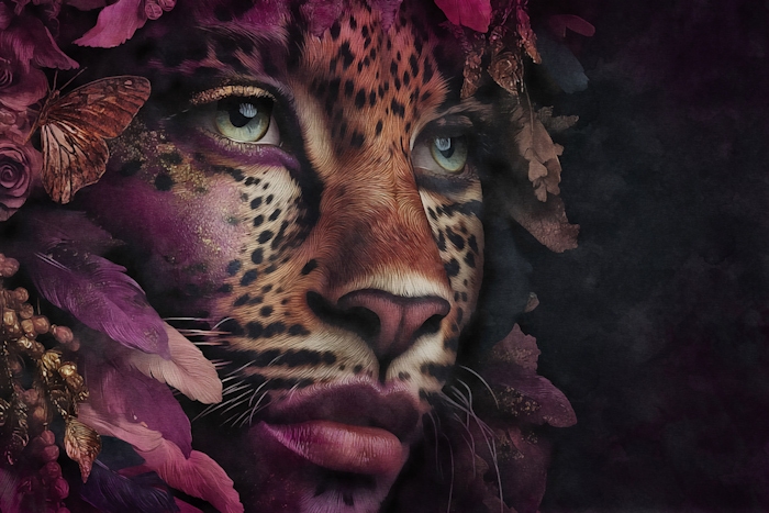 Cheetah Lady Floral Dark Wallpaper
