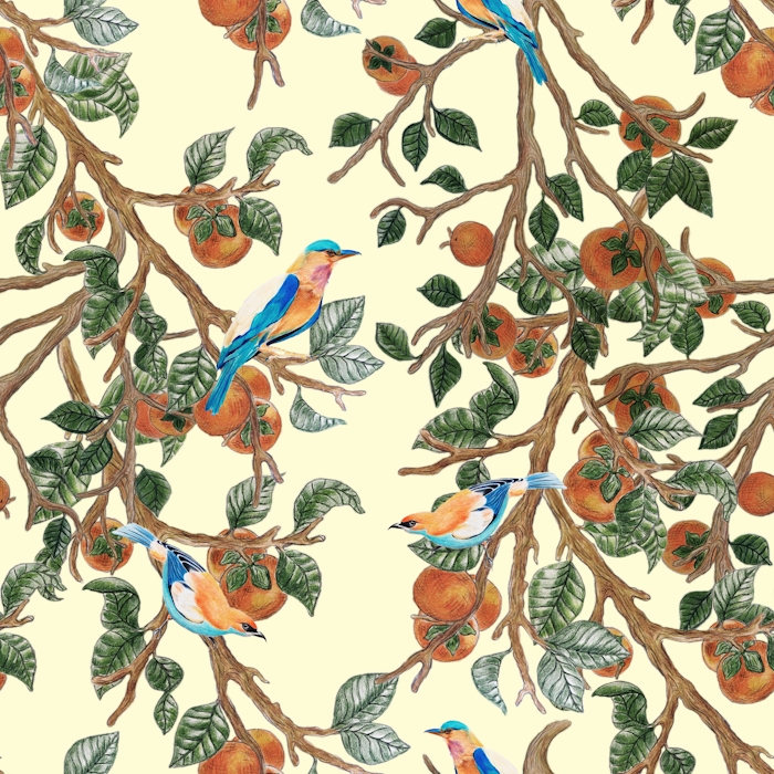 Persimmon Floral Birds Wallpaper