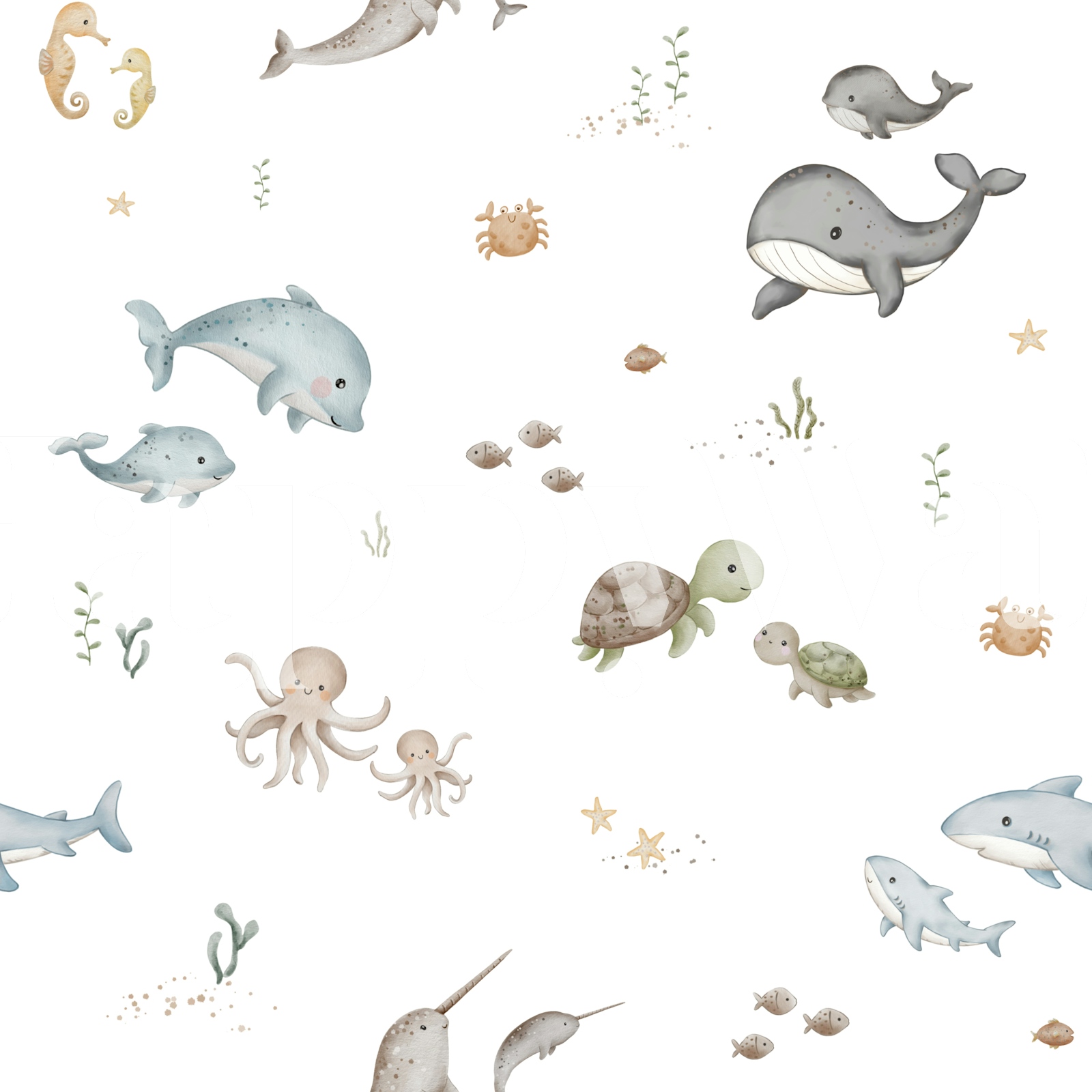 Friendly Sea Animals In White wallpaper wallpaper | Happywall