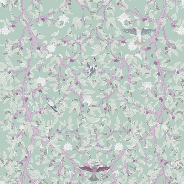 Light Teal Floral Wallpaper with Bees