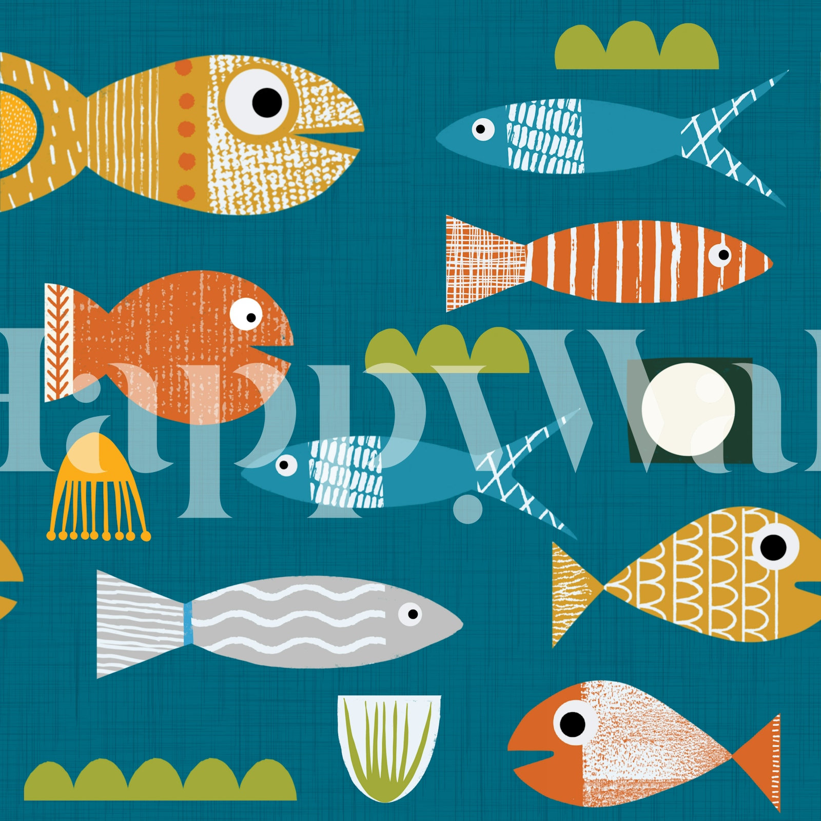 Teal Retro Fish Pattern Wallpaper