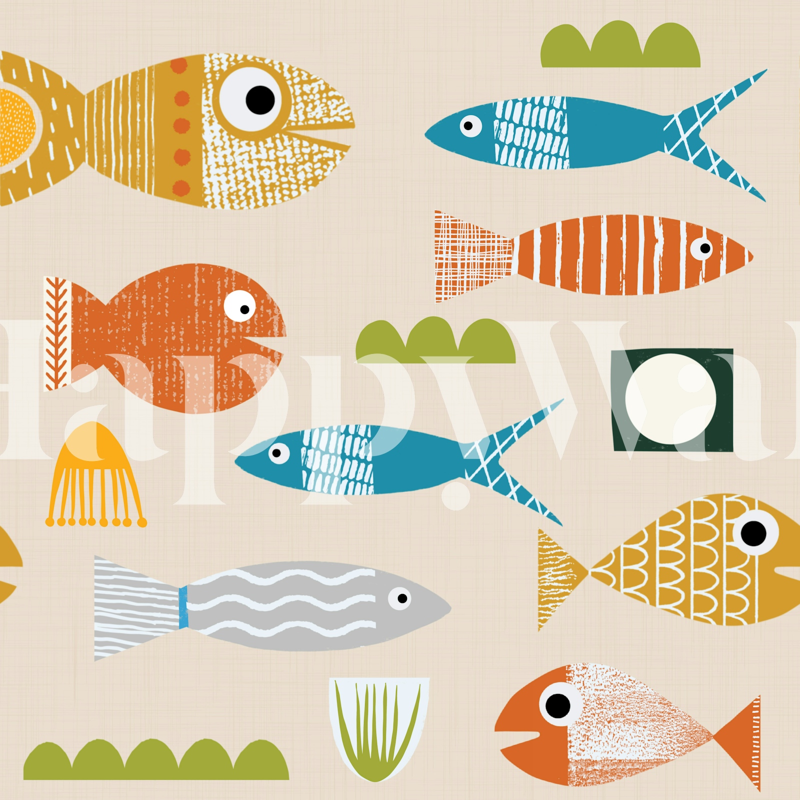 Beige Mid Century Modern Fish Wallpaper