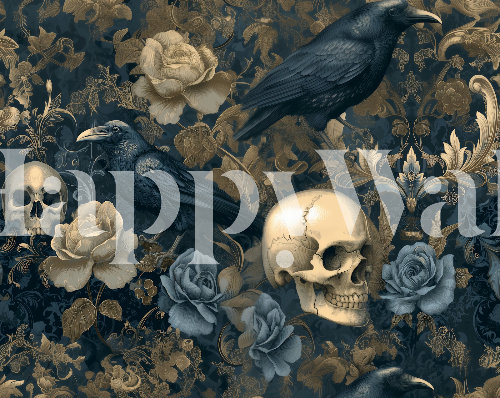 Ravens and Roses Floral Wallpaper