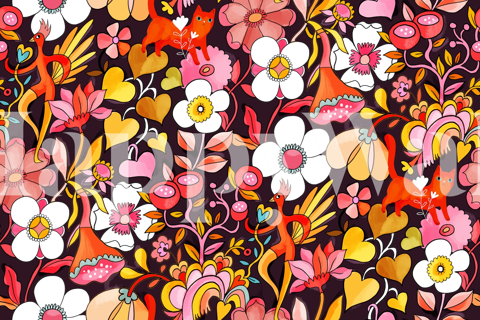 Colorful Floral Wallpaper with Hidden Creatures