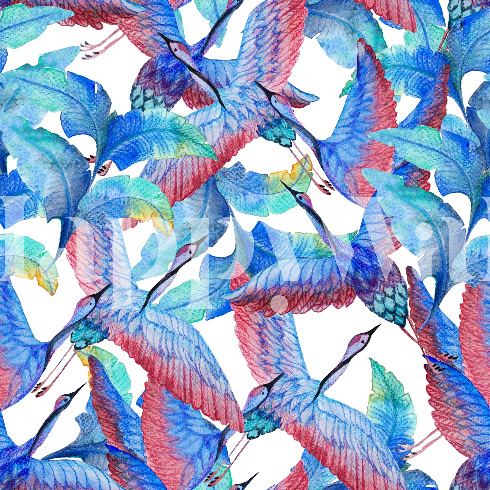Colorful Stork Pattern Floral Wallpaper