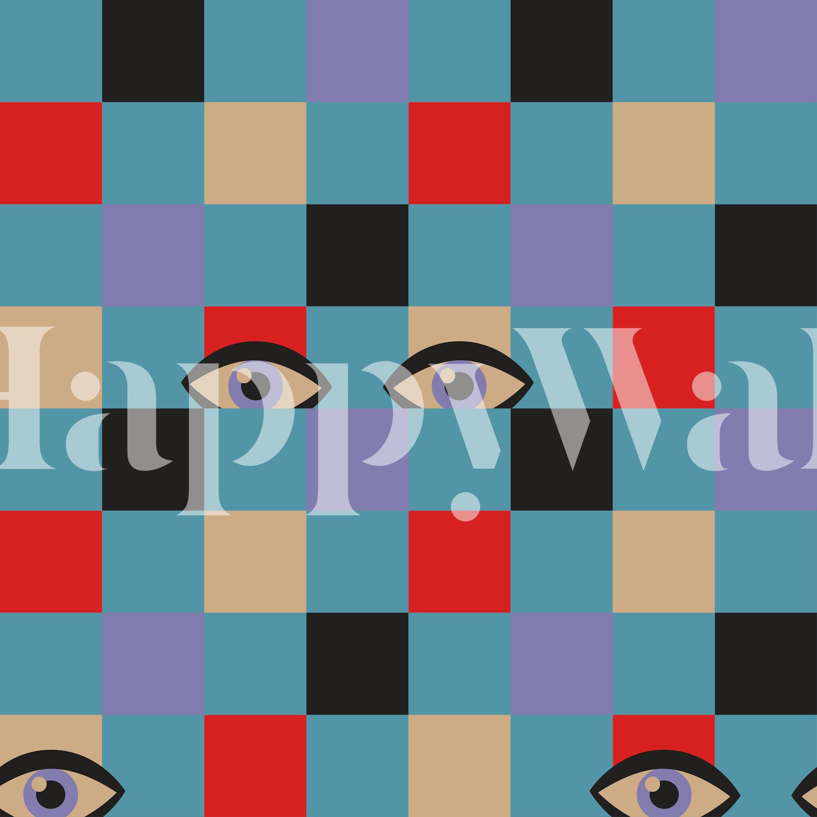 Peekaboo Retro Eyes Checkerboard Baby Blue | happywall.com
