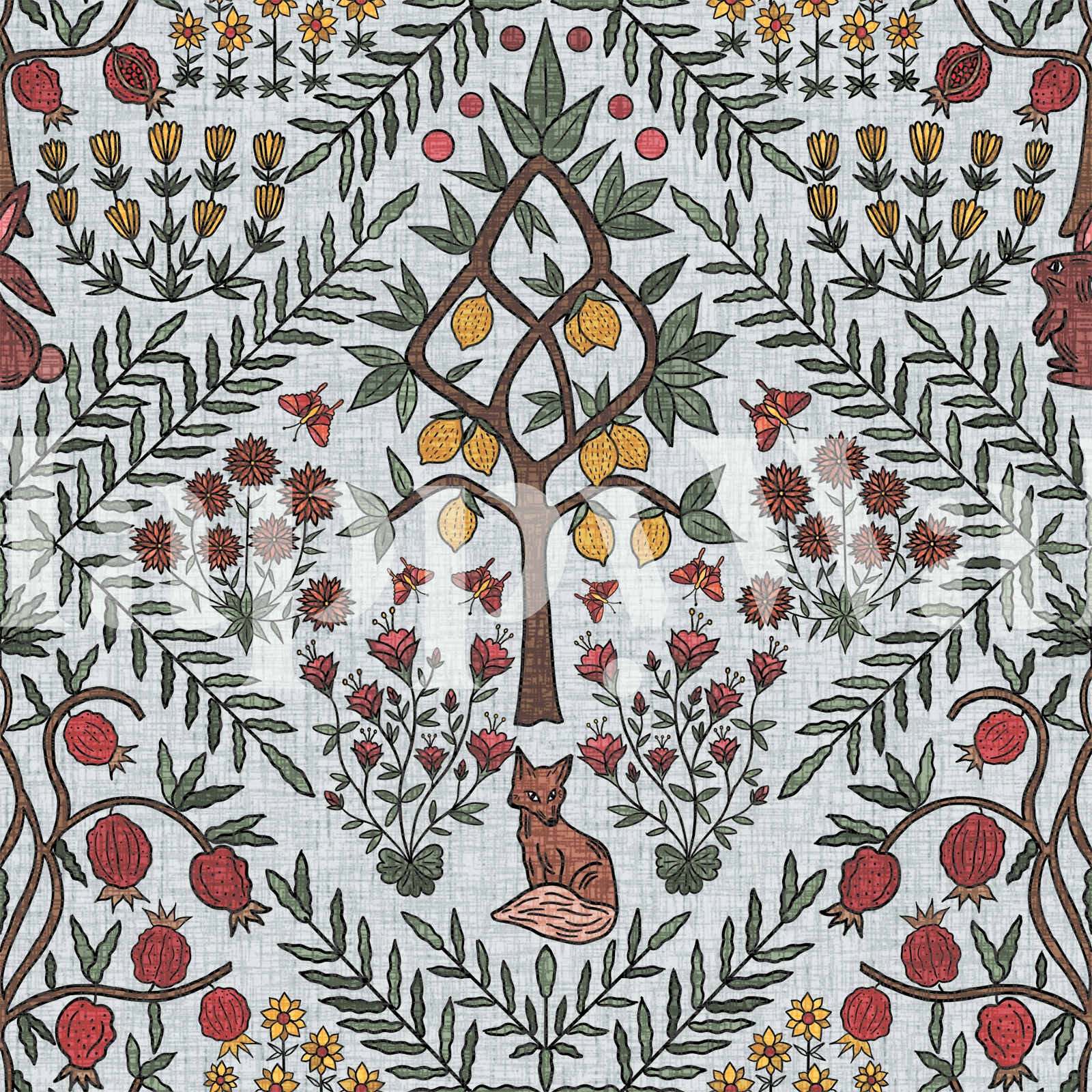 Fox in the Lemon Garden - Silver Flint wallpaper behang | Happywall