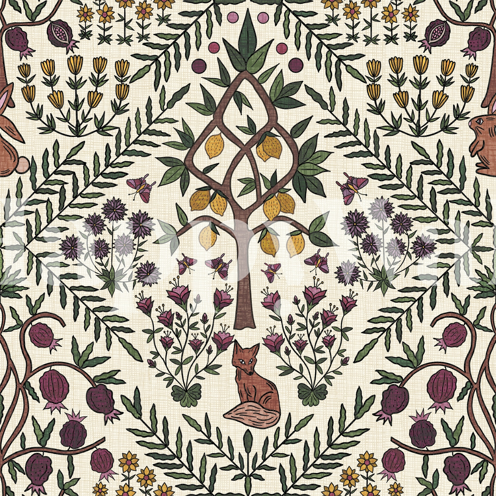 Floral Fox Garden Wallpaper in Plum Color