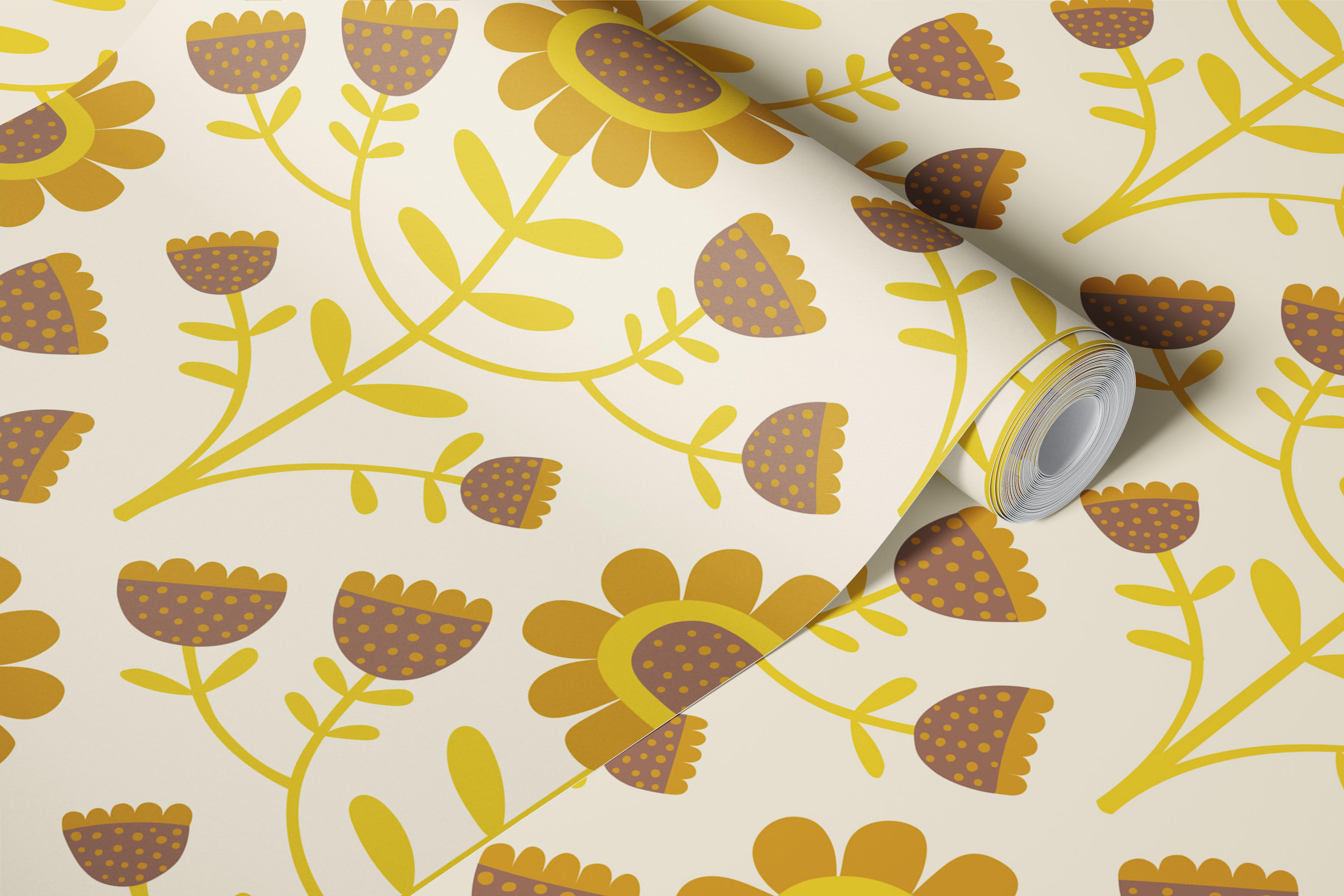 Retro Floral Mustard Cream Wallpaper