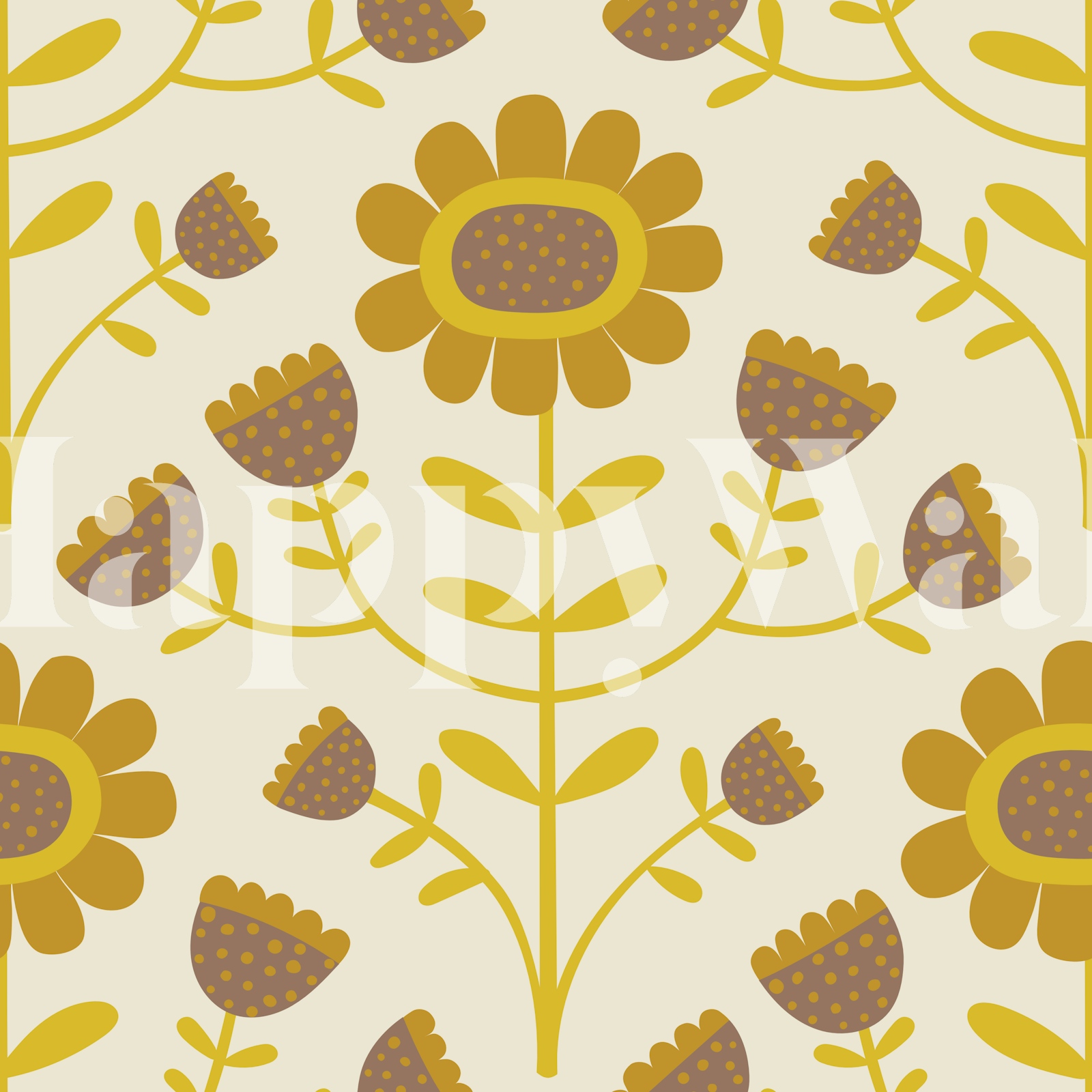 Retro Floral Mustard Cream Wallpaper