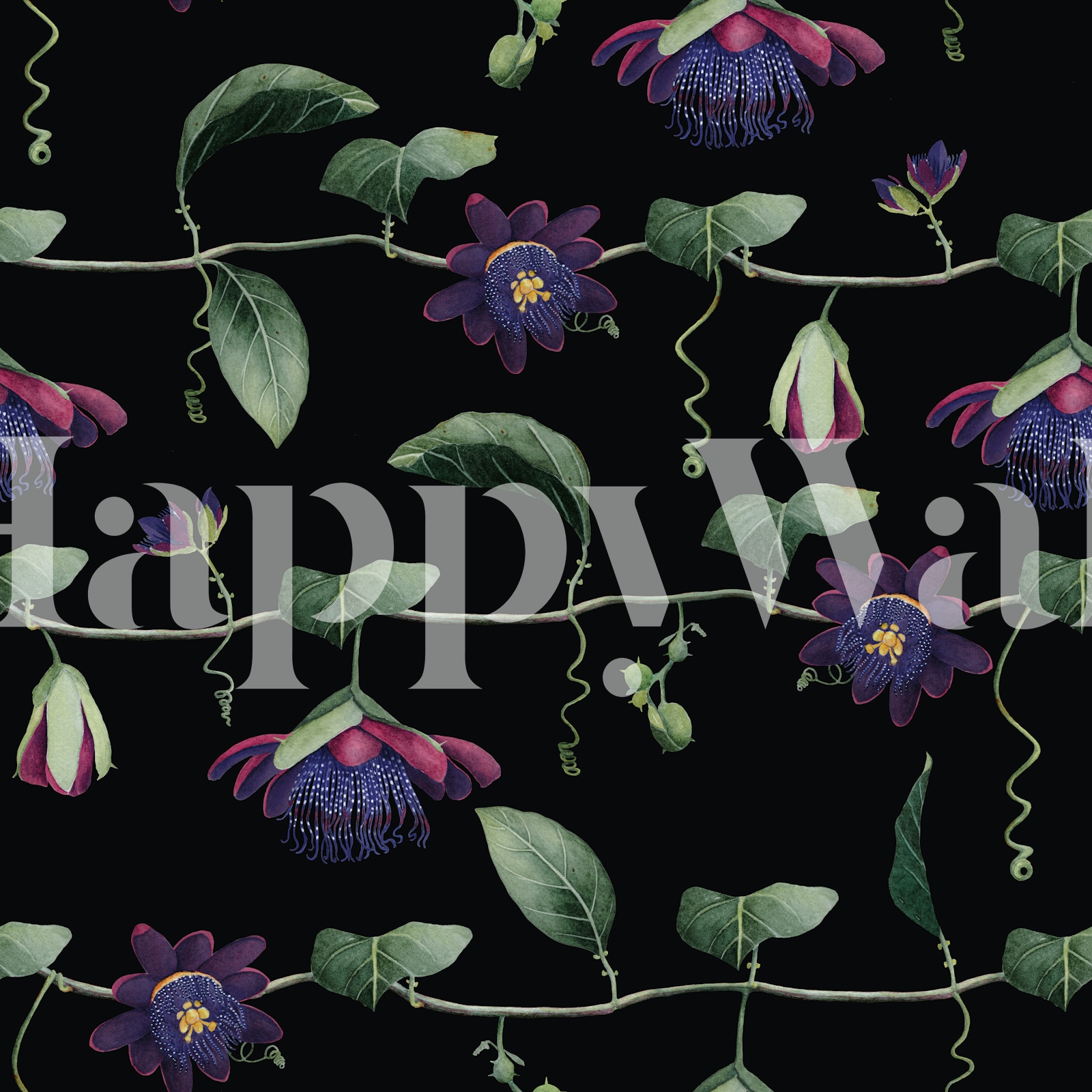 Passion Flower Black Floral Wallpaper