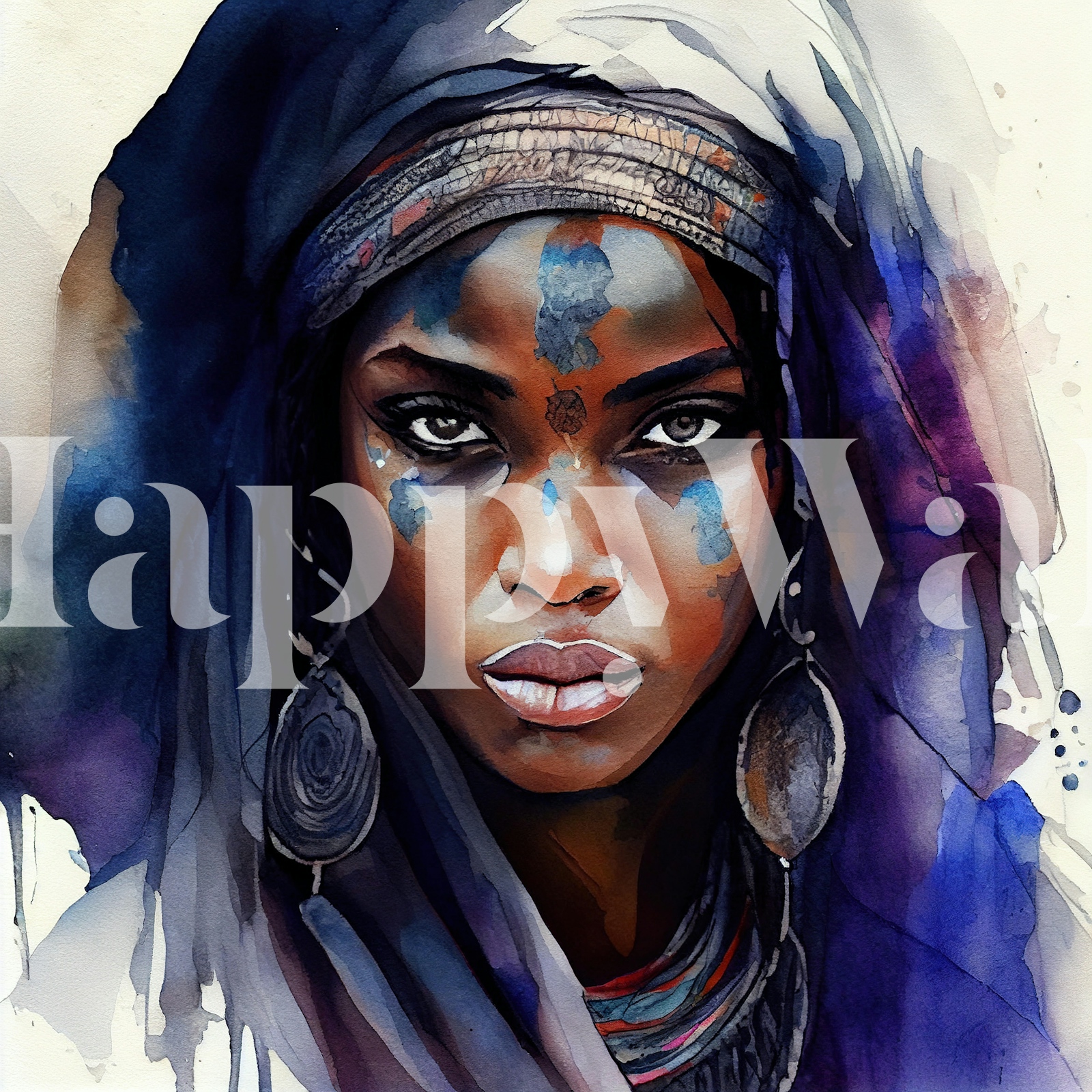 Indigo Tuareg Woman Watercolor Portrait | Happywall