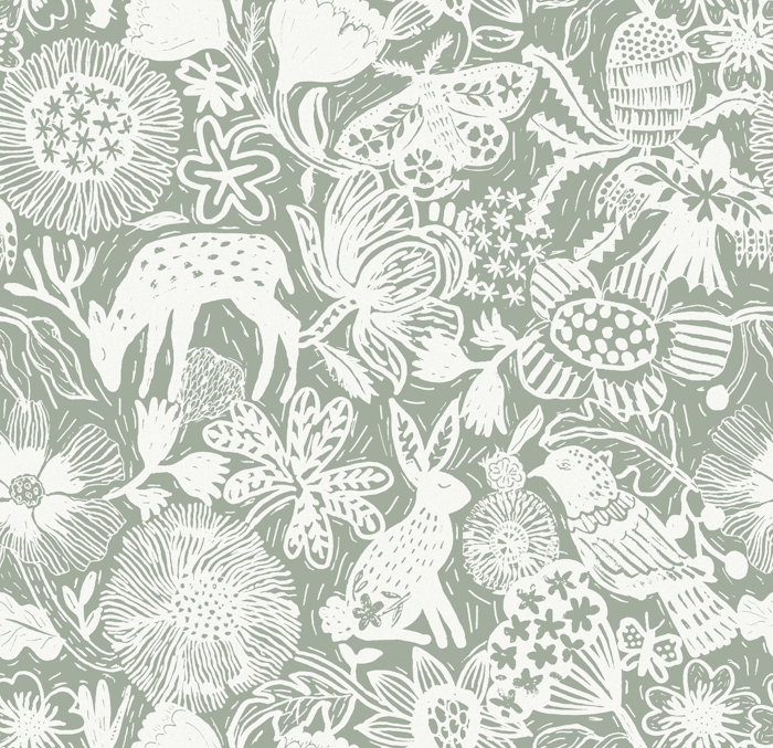 Block Print Floral and Animals Wallpaper