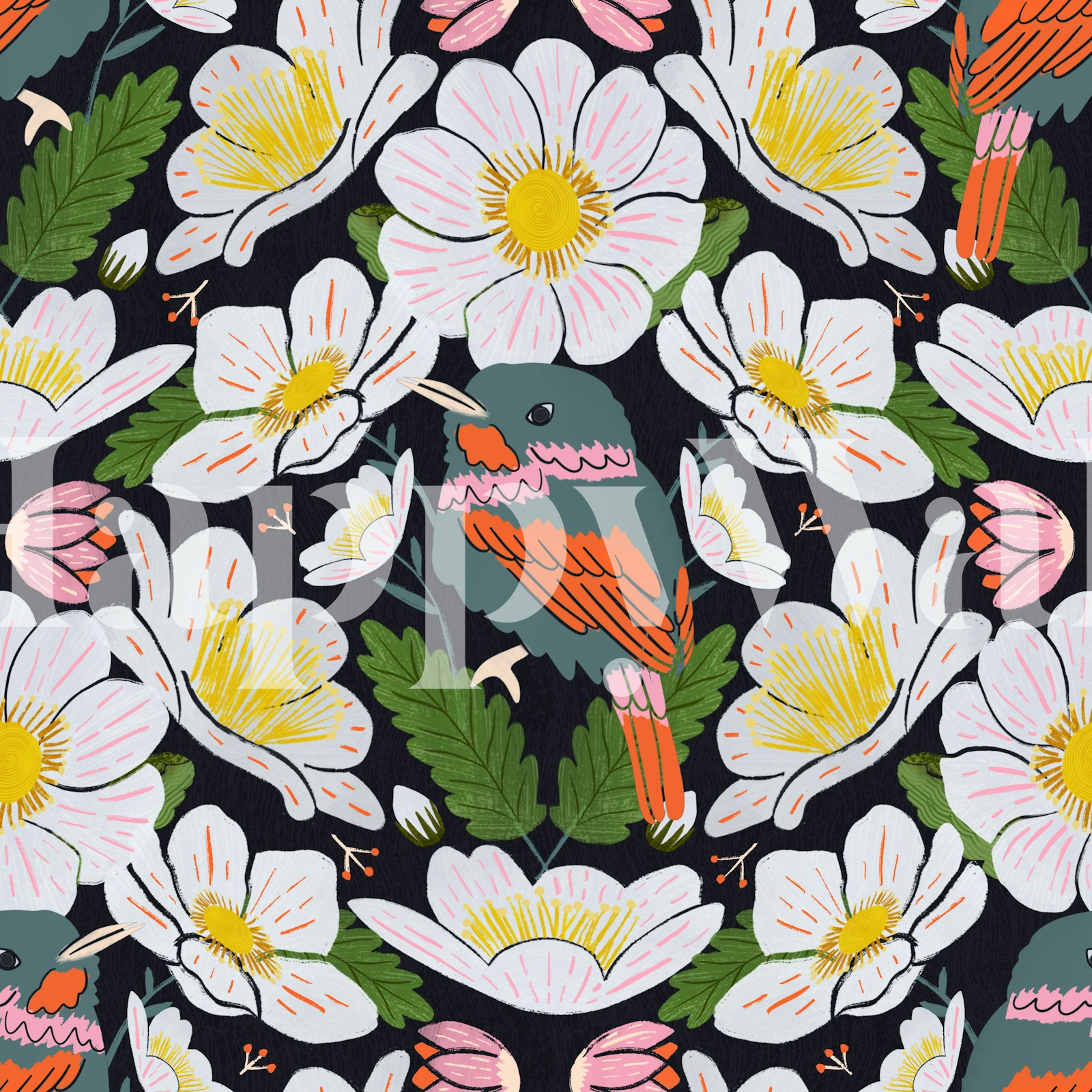 Colorful Floral and Bird Wallpaper