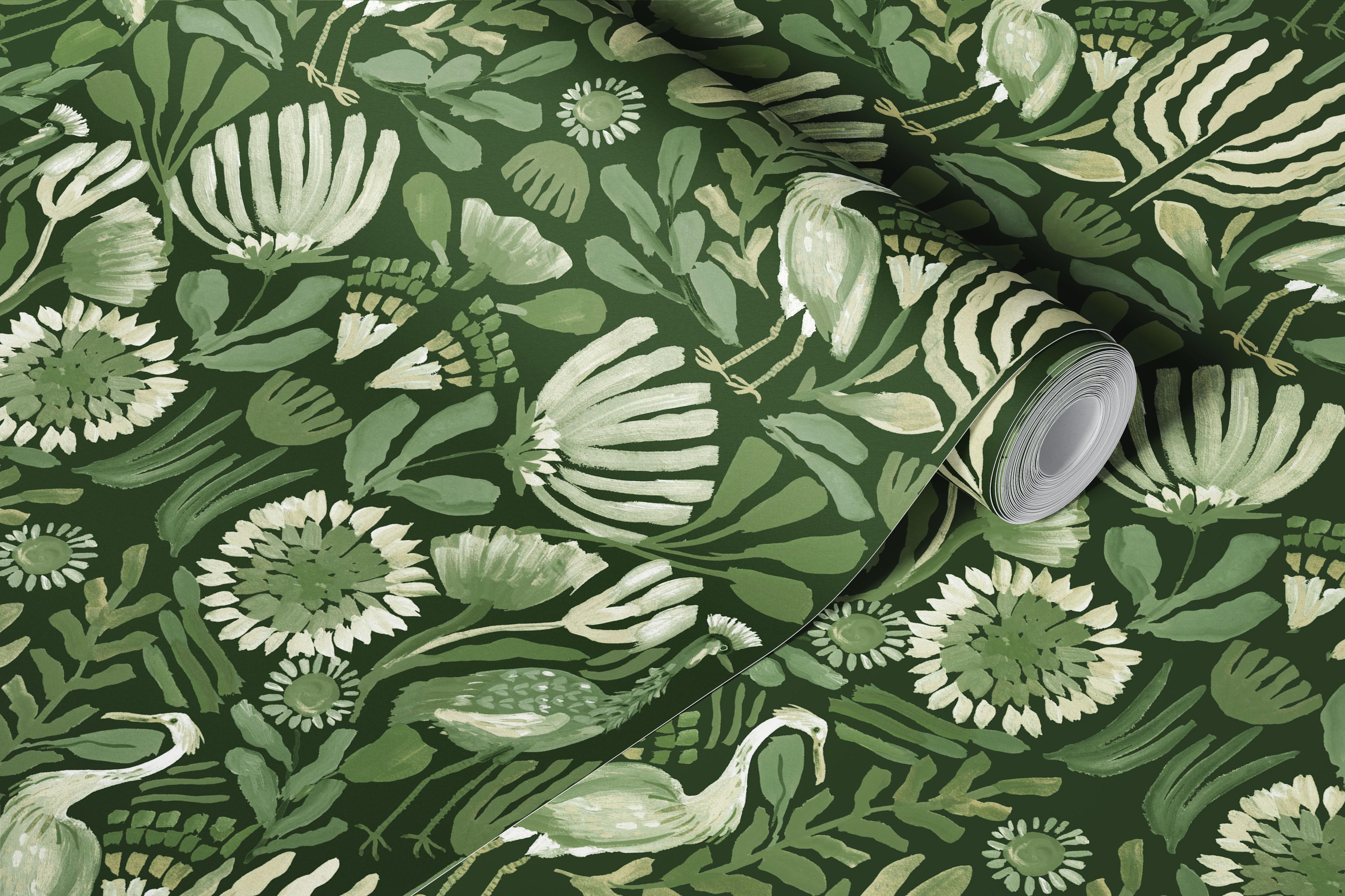 Sage Green Floral Wallpaper with Birds