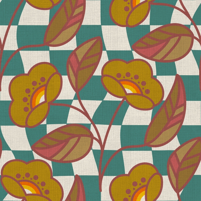 Teal Checkerboard Floral Retro Wallpaper