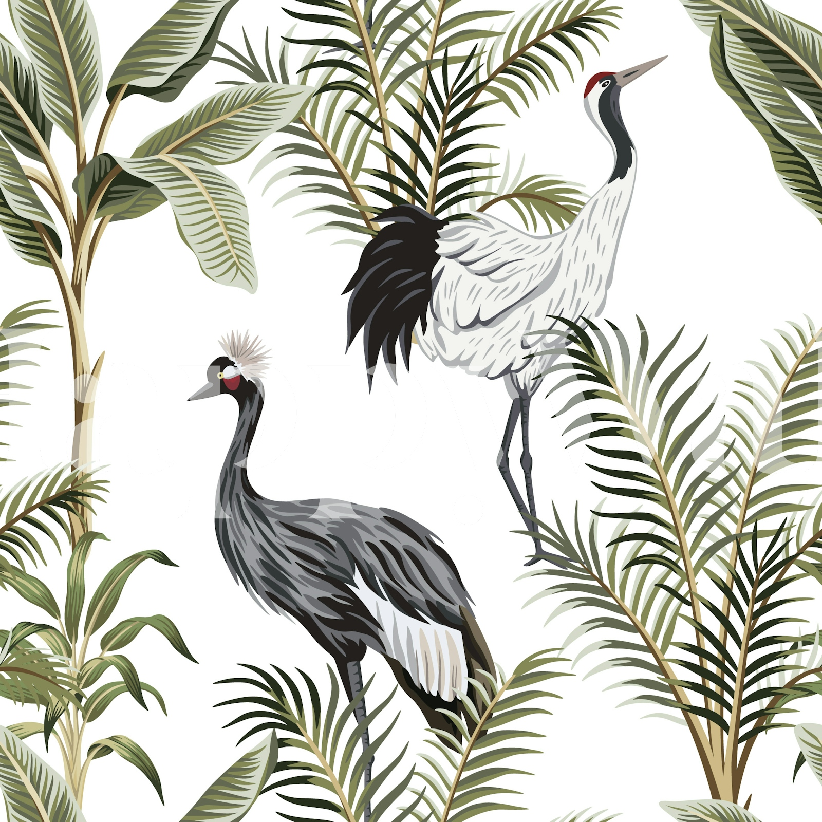 Exotic Crane and Tropical Leaf Wallpaper