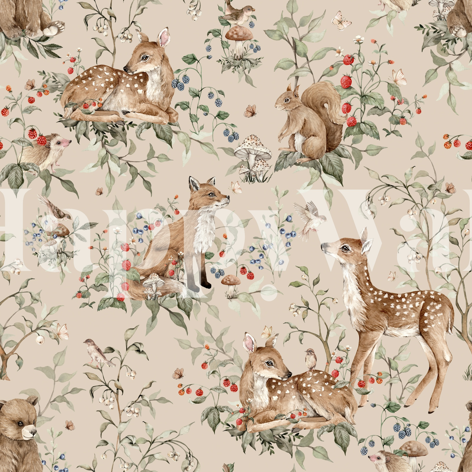 Woodland Animal Beige Wallpaper for Kids
