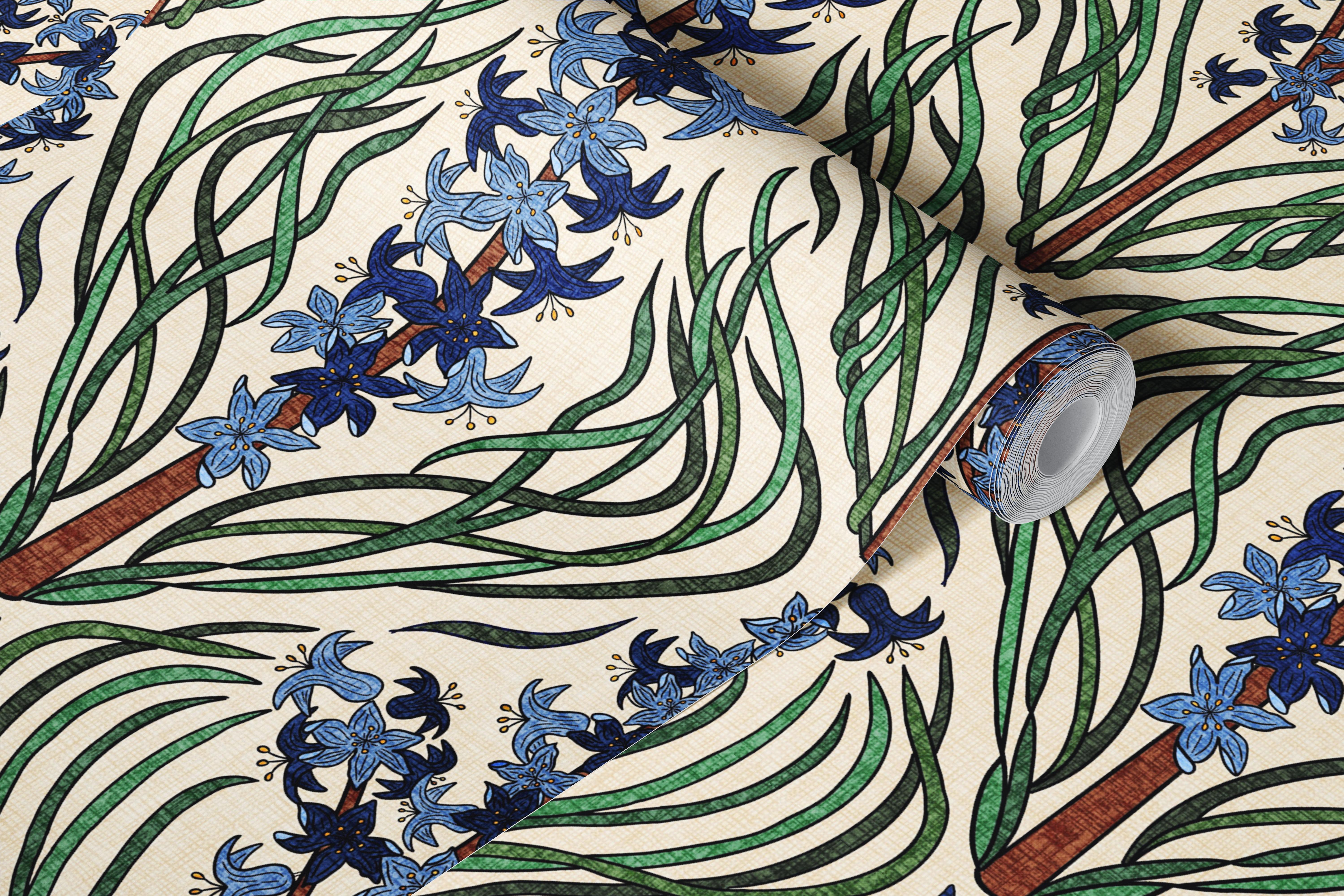 Delft Blue Floral Wallpaper on Ivory Background