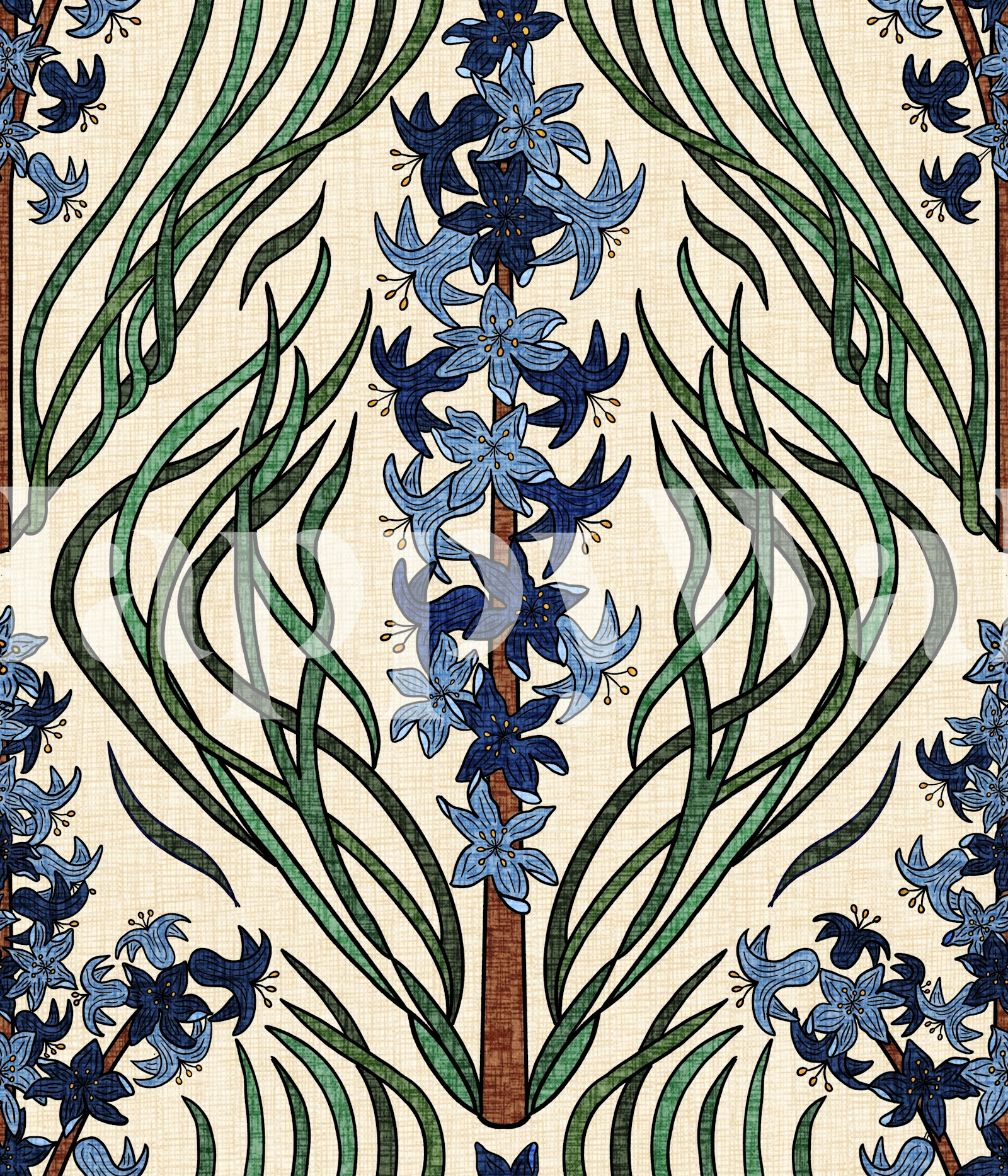 Delft Blue Floral Wallpaper on Ivory Background