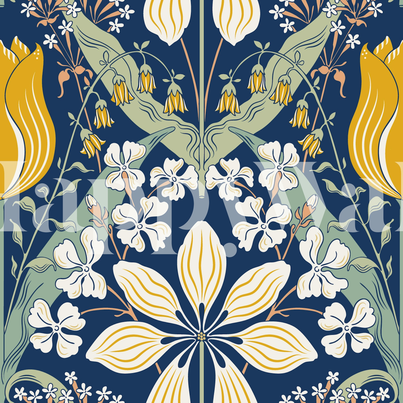 Midnight Floral Wallpaper Yellow Blue Tulips