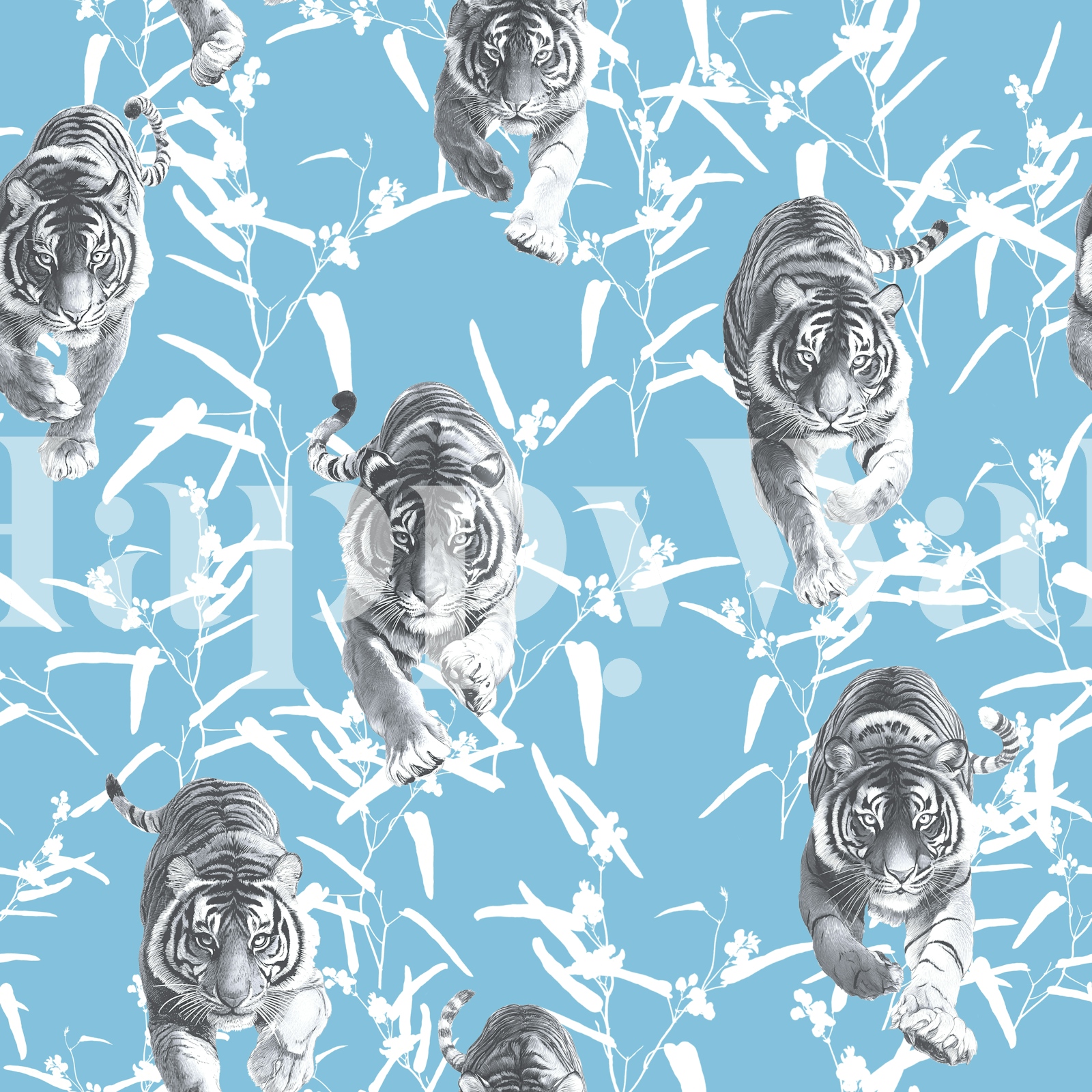 Blue Tiger Floral Wallpaper