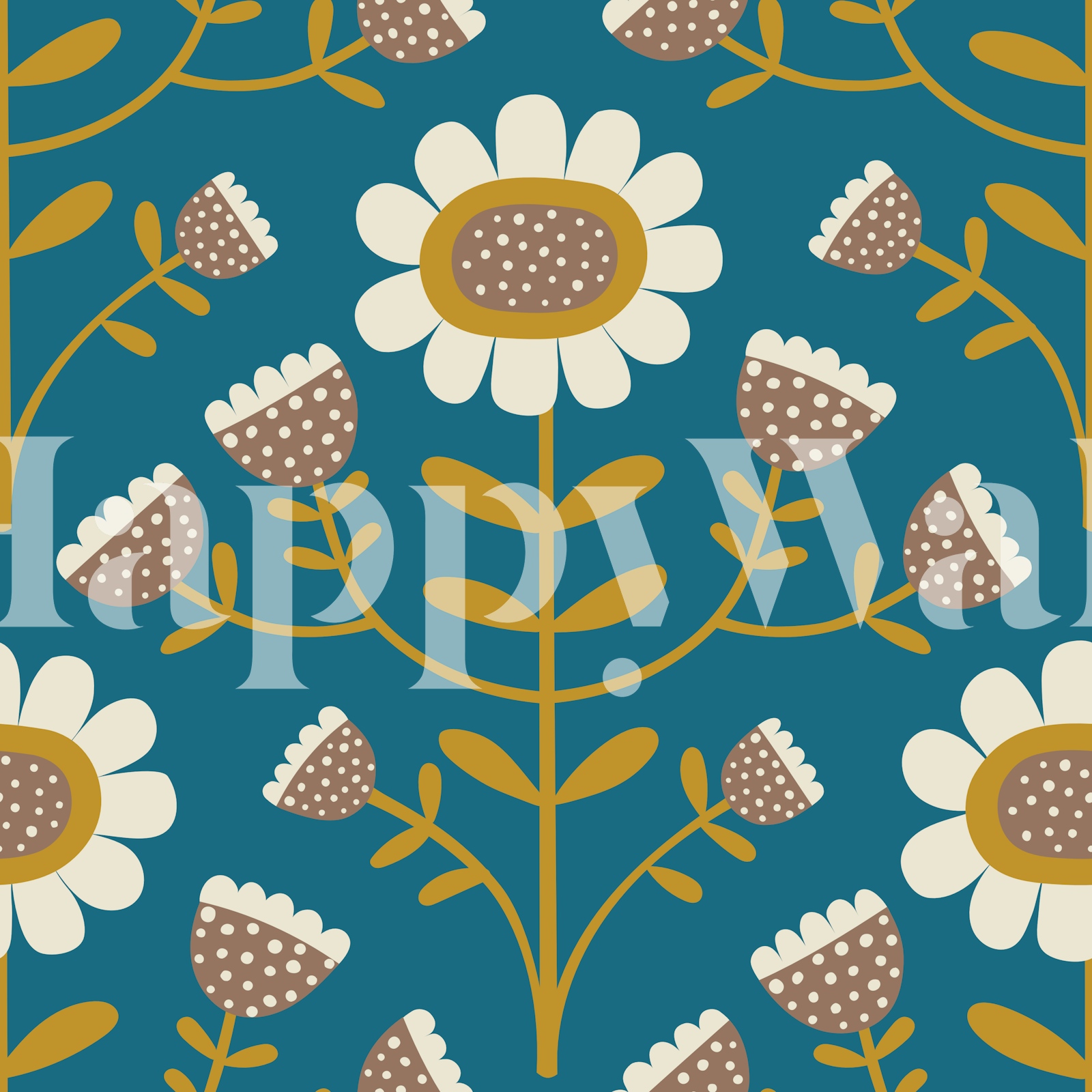 Retro Floral Mustard Green Wallpaper
