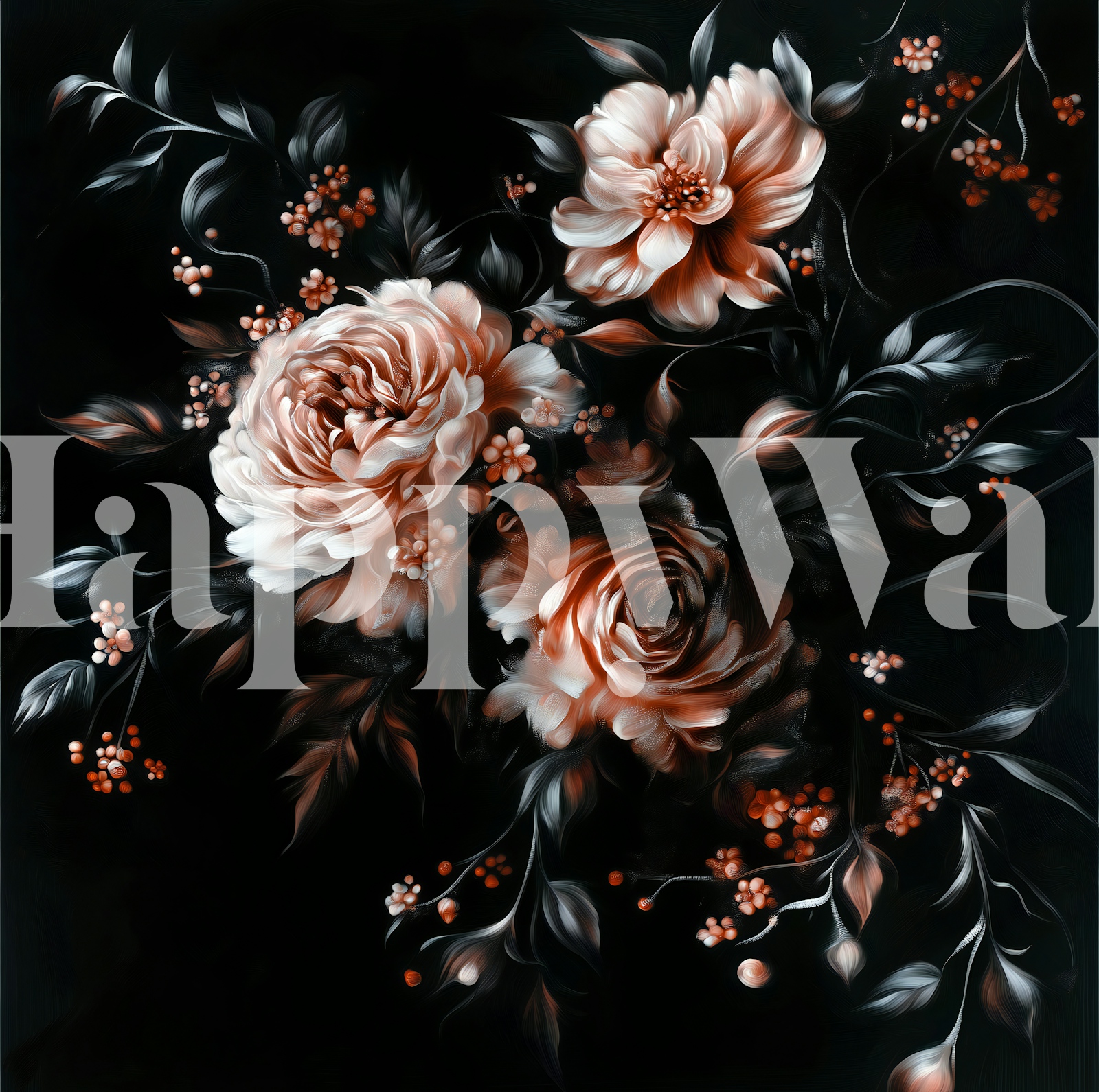 Black Floral Wallpaper with Rose Accents
