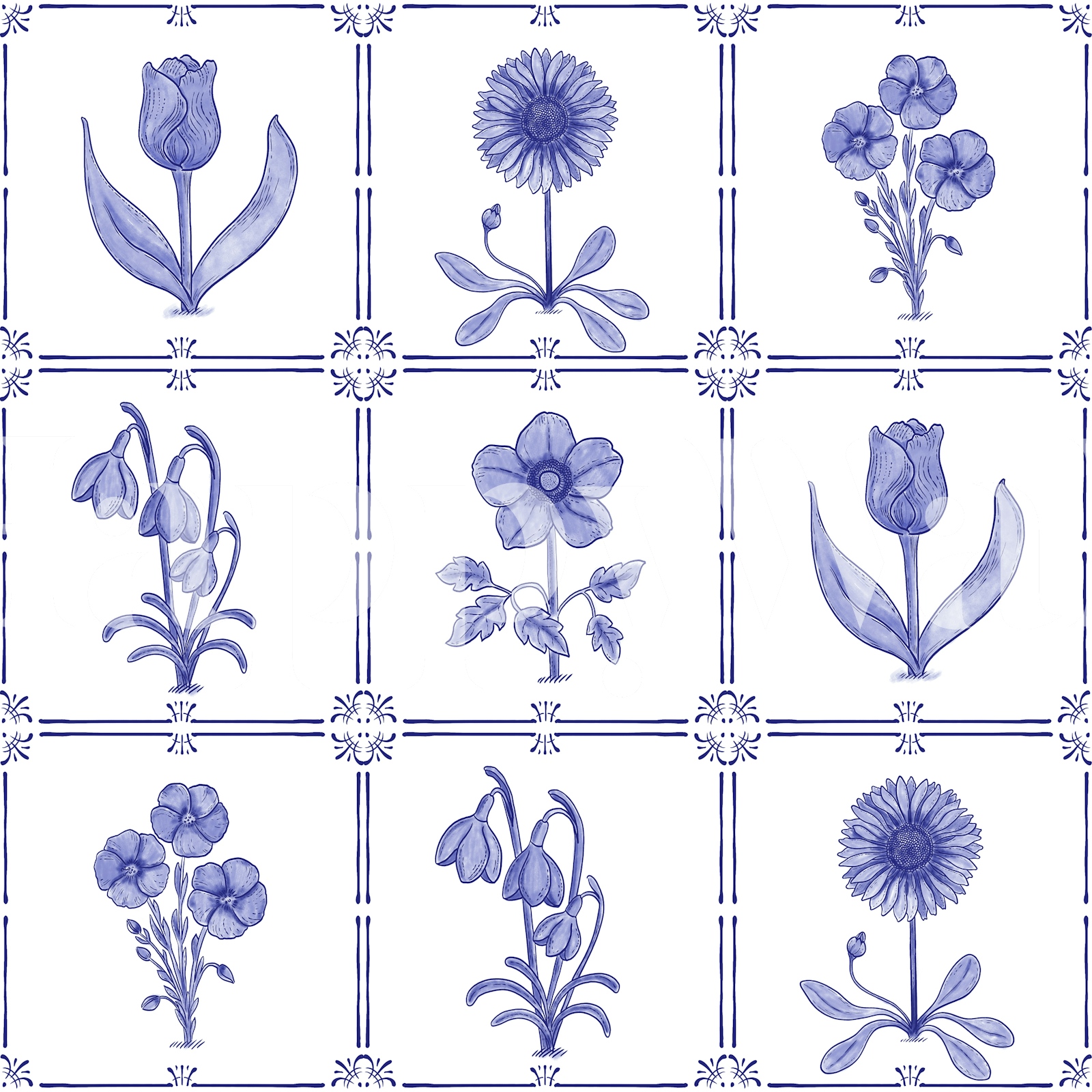 Indigo Blue Delft Floral Wallpaper