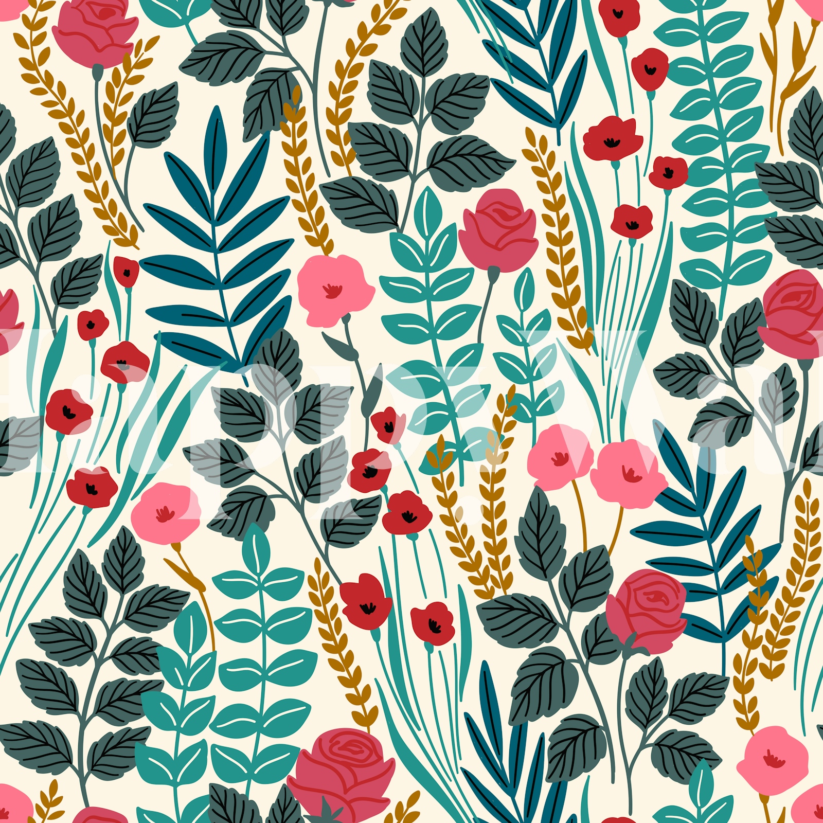Turquoise Floral Wallpaper with Roses