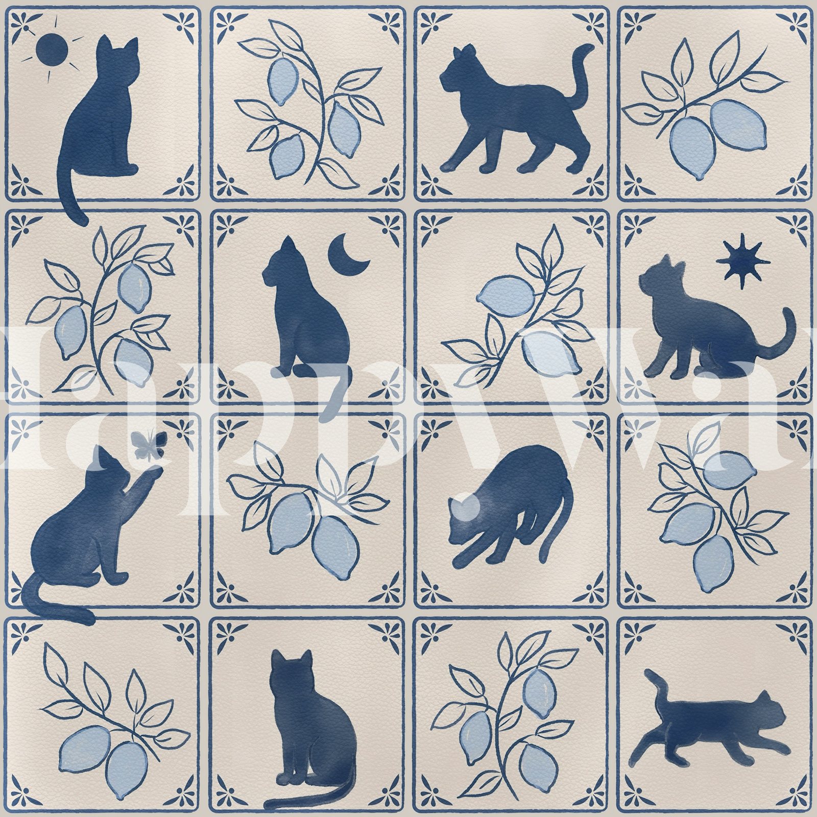 Blue Delft Mood Lemon Cats Tiles - Happywall