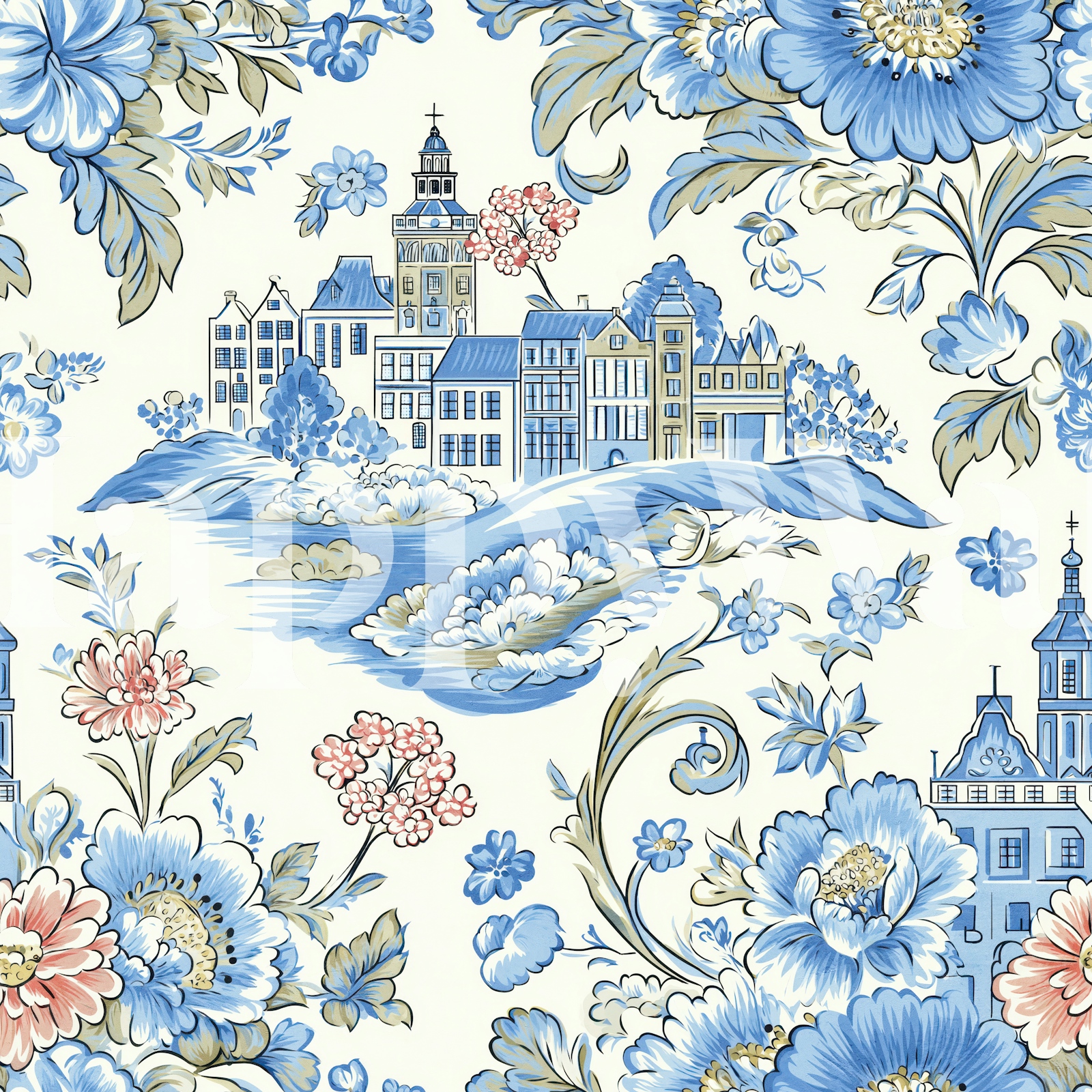 Blue Floral Dutch Landscape Wallpaper