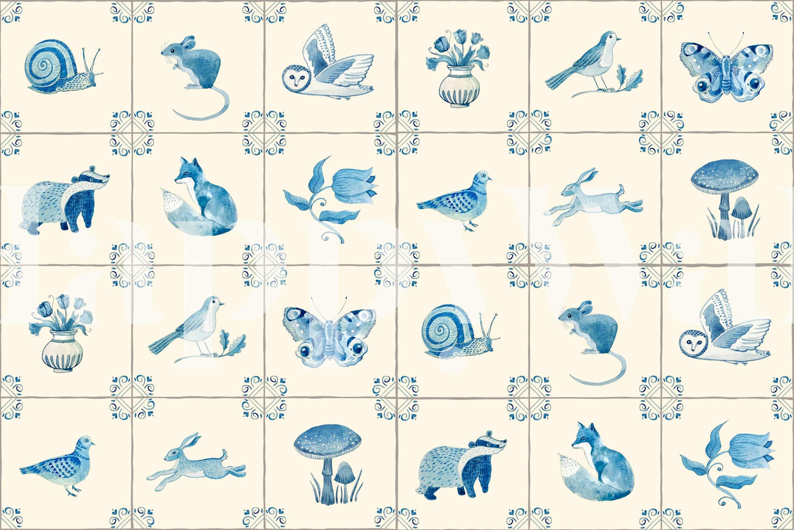 Delft woodland delights - blue on cream - MS wallpaper behang | Happywall