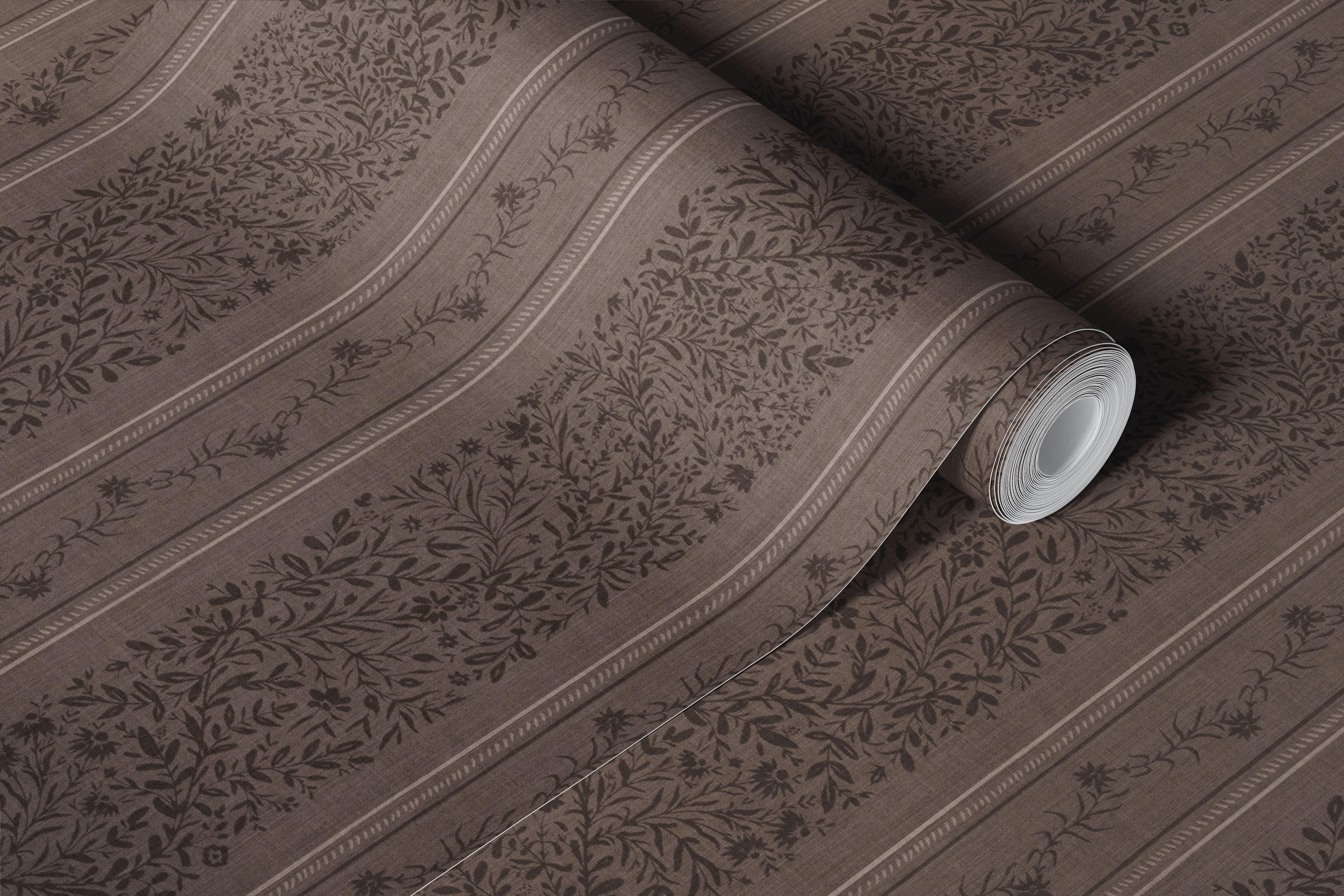 Vintage Floral Striped Wallpaper Dark Brown