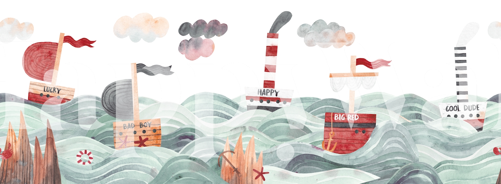 Cute Ships in a Whimsical Sea - happywall.com