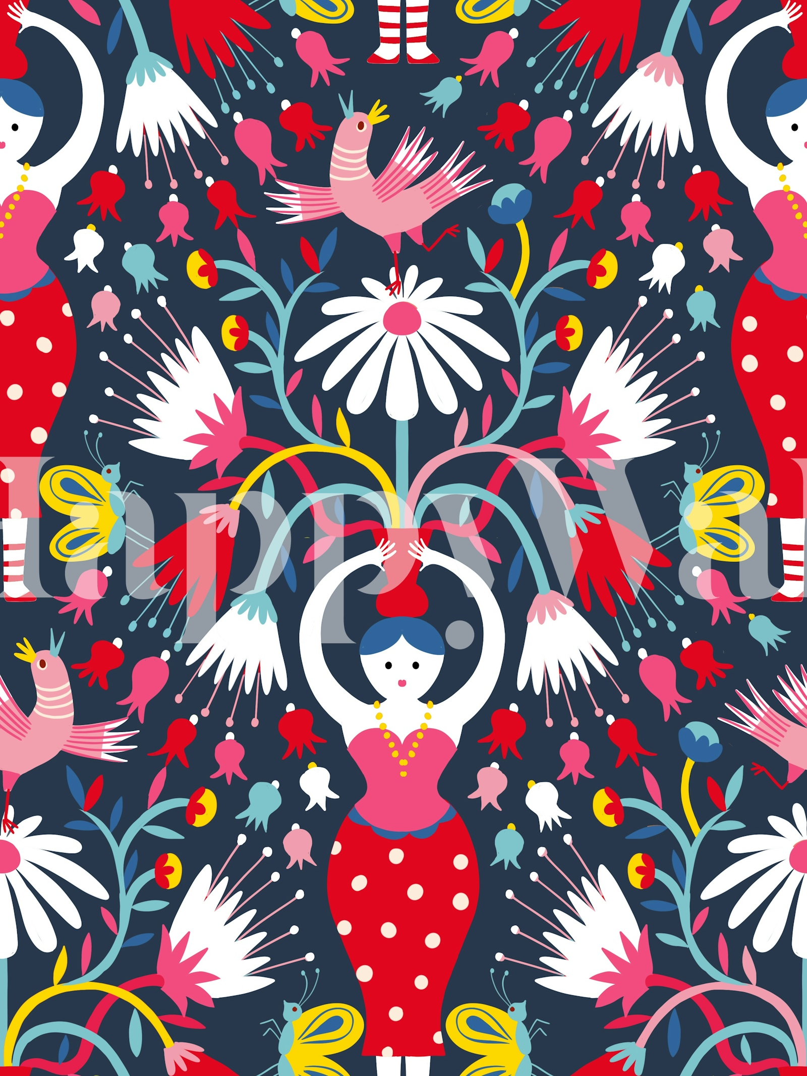 Folk Art Floral Lady Wallpaper Dark Blue