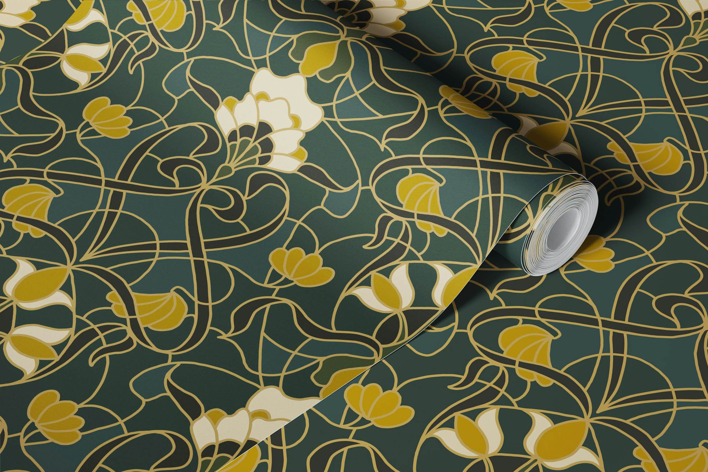 Art Nouveau Stained Glass Dark Green - happywall.com