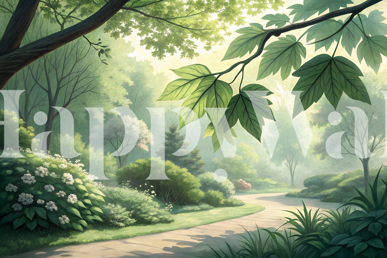 Misty Forest Garden Path Wallpaper