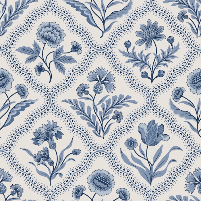 Blue Delft Floral Lattice Wallpaper - happywall.com