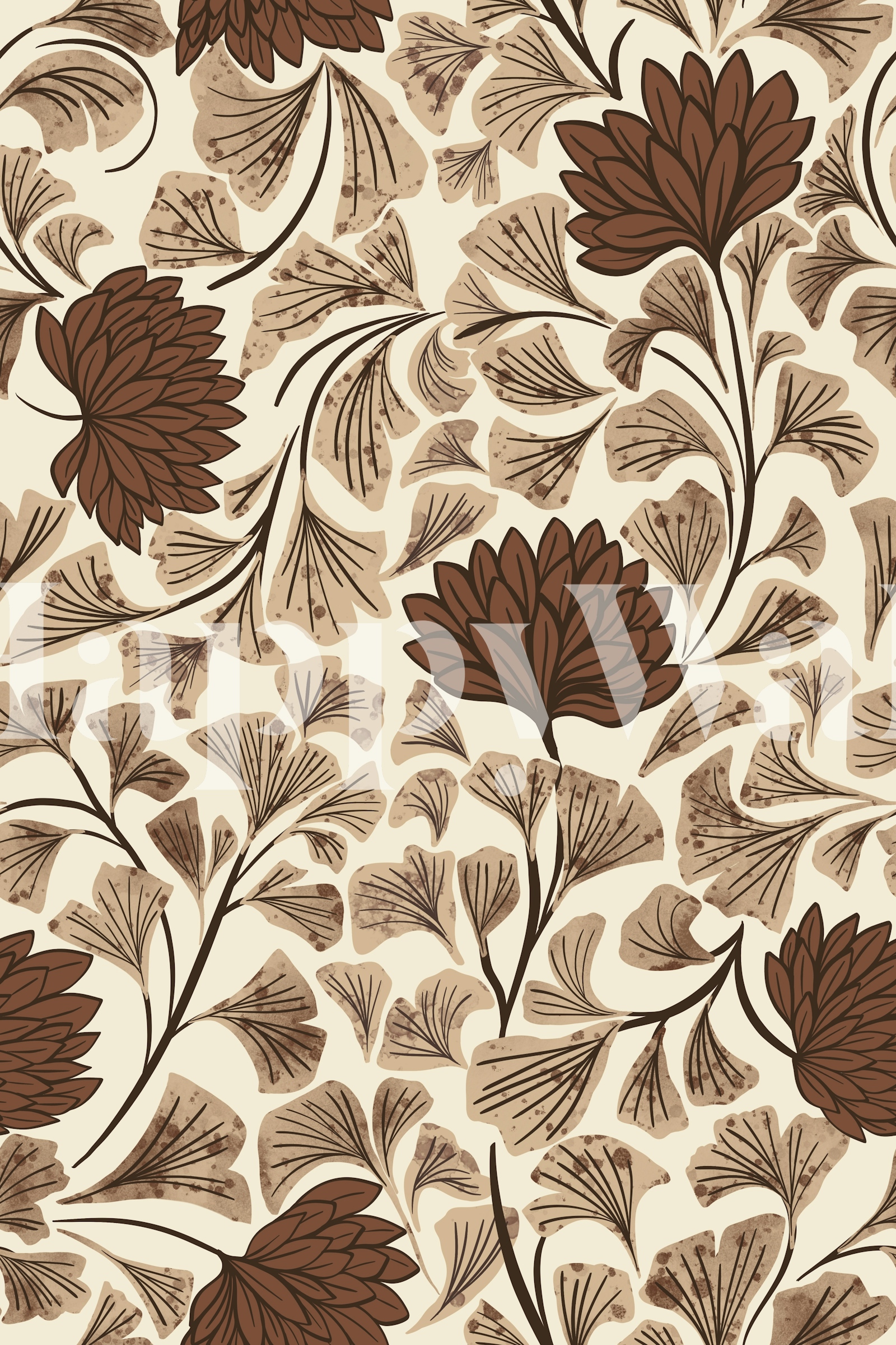 Brown Floral Wallpaper with Ginkgo Leaves