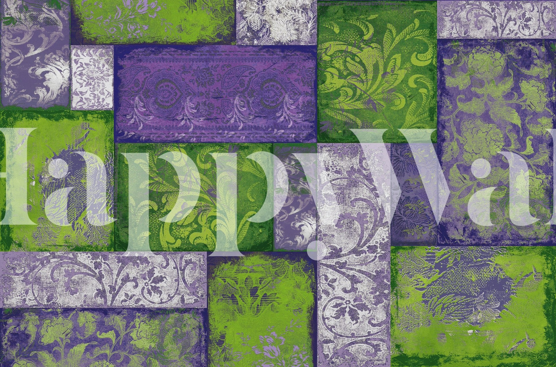 Bohemian Patchwork Green Lilac Wallpaper | Happywall