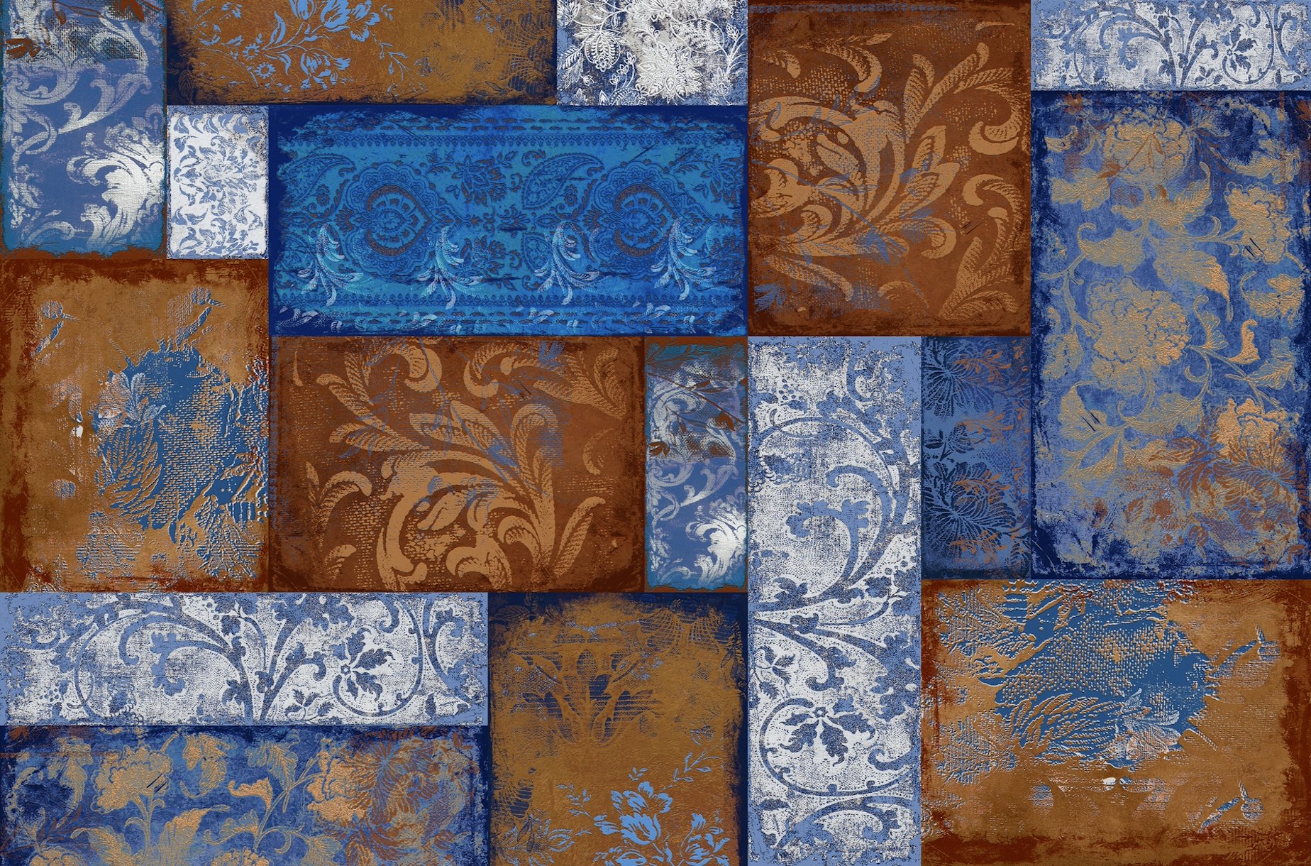 Bohemian Patchwork Blue Rust Wallpaper - Happywall