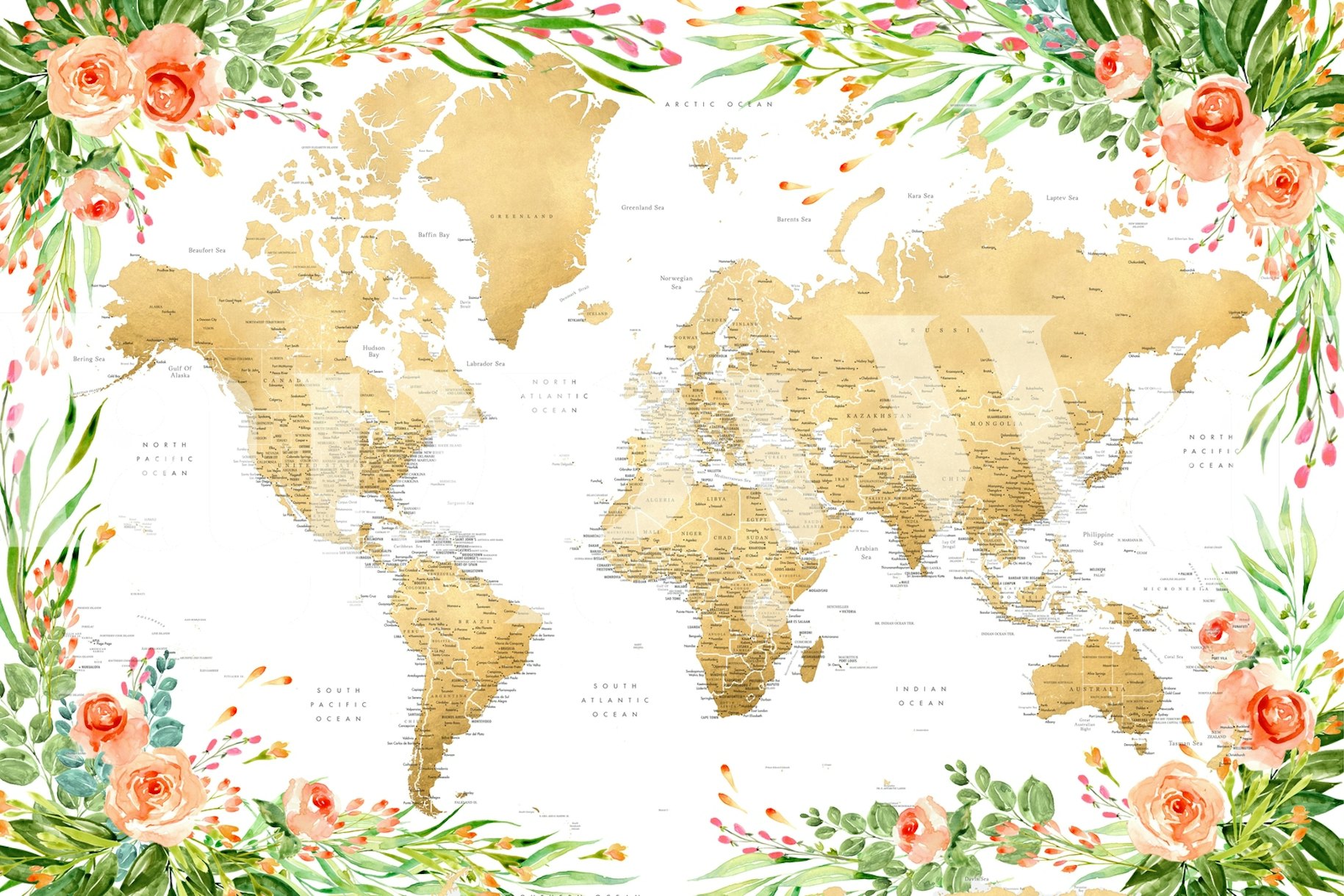 Floral World Map Blythe Wallpaper - Buy Online | Happywall